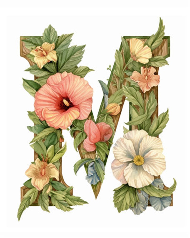Capital Letter M, Cottage-core Floral Style Letter, Floral Alphabet ...