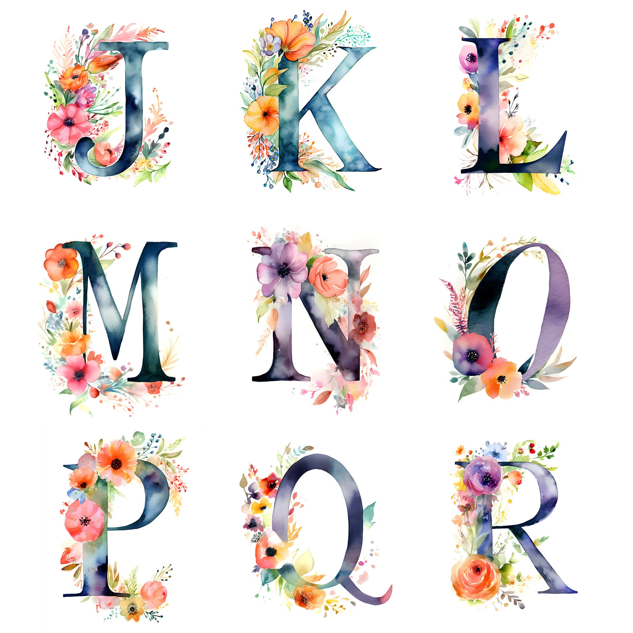 Digital Print, Instant Download, JPG, Watercolor Floral Whole Alphabet ...