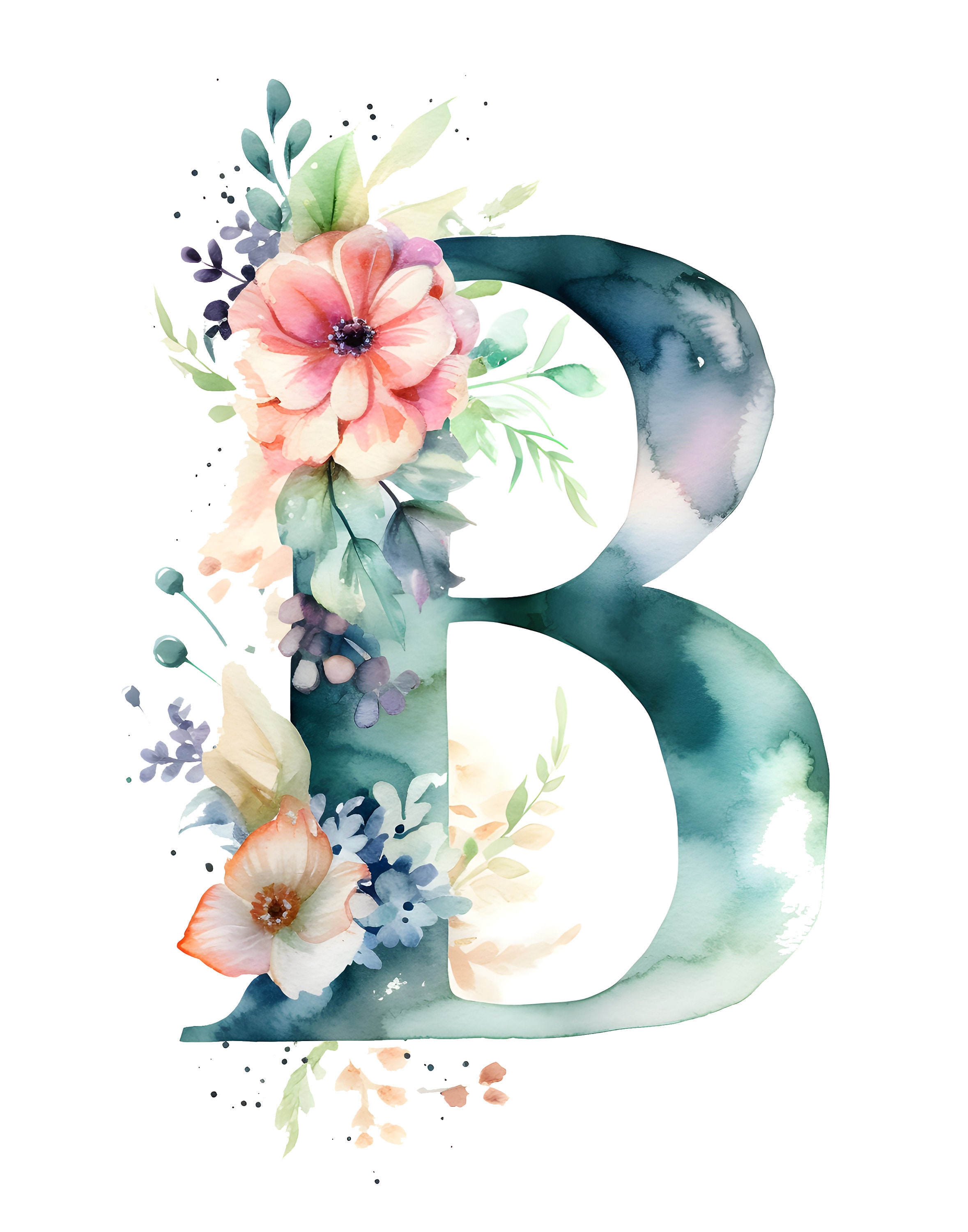 Digital Print, Instant Download, JPG, Watercolor Floral Capital Letter ...