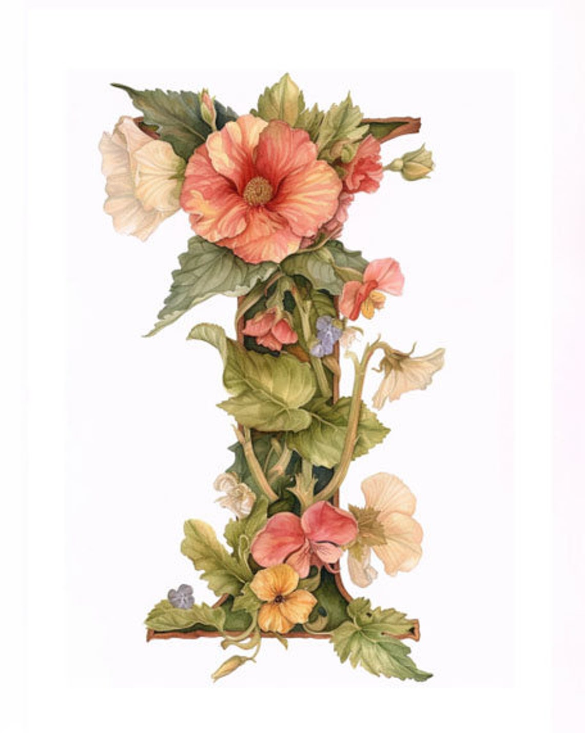 Capital Letter I, Cottage-core Floral Style Letter, Floral Alphabet ...