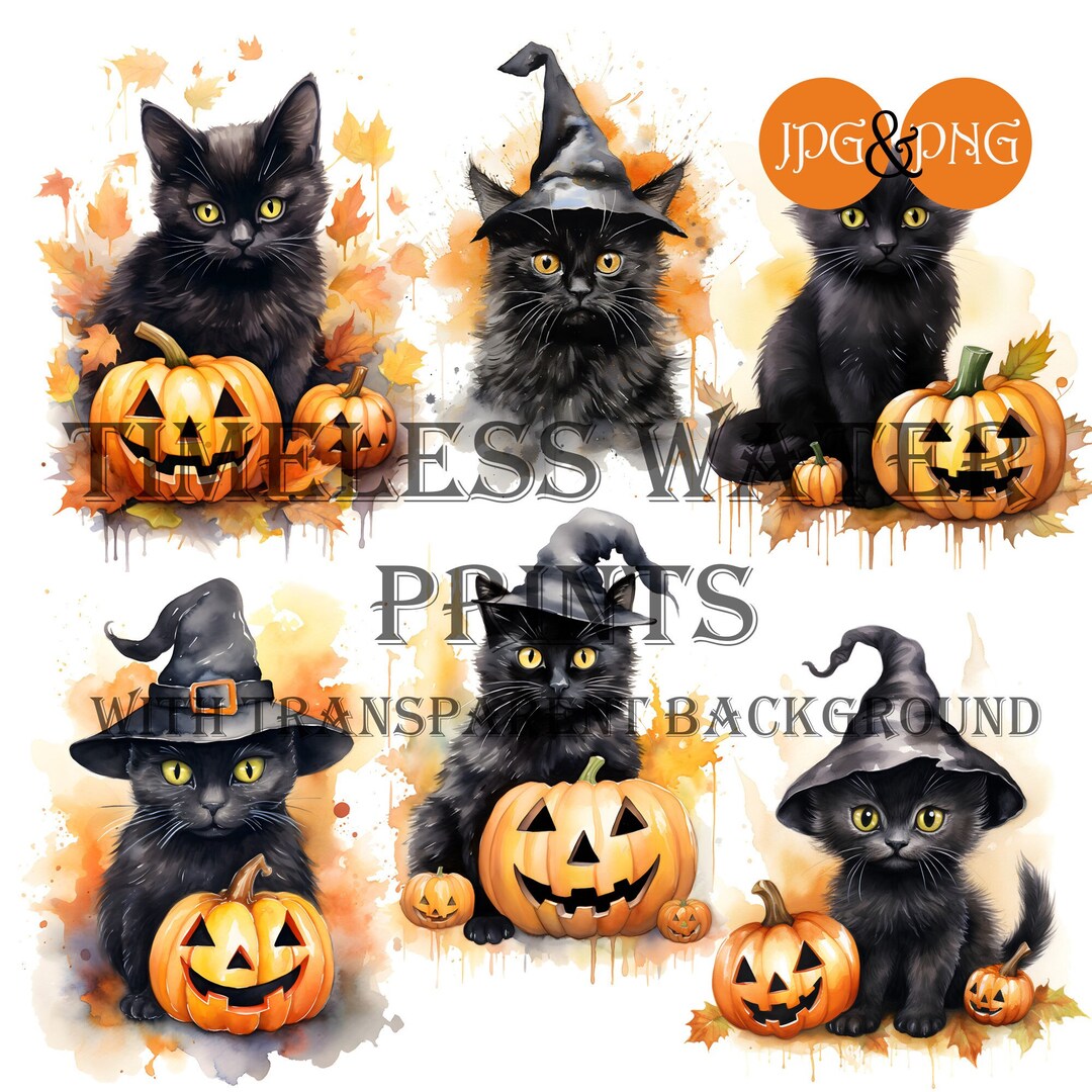 Set of 6 Clip Art Halloween Black Cats, Watercolor Kittens, Clip Art ...