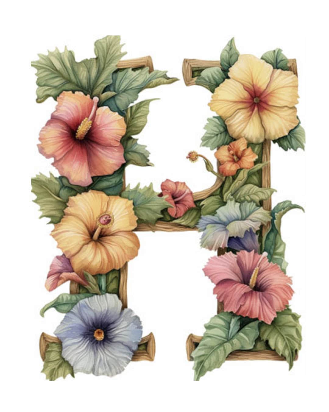 Capital Letter H, Cottage-core Floral Style Letter, Floral Alphabet ...