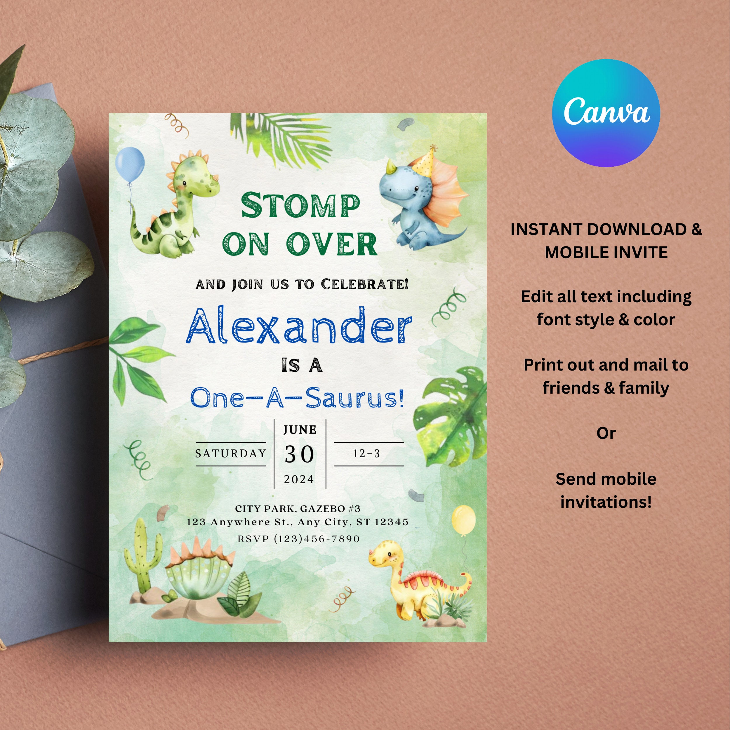 One-a-saurus First Birthday Invitation, Dinosaur Themed Invite ...