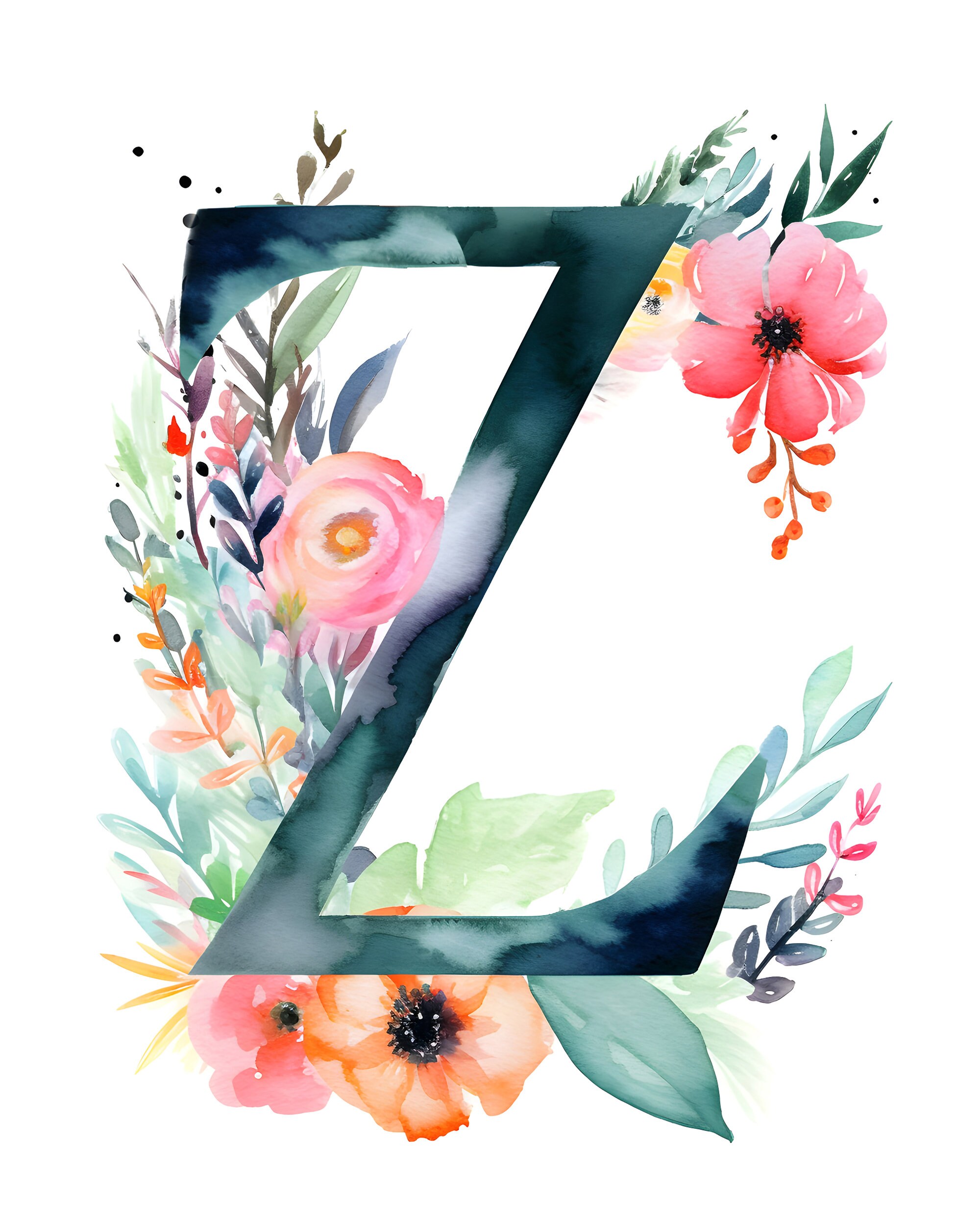 Digital Print, Instant Download, JPG, Watercolor Floral Capital Letter ...