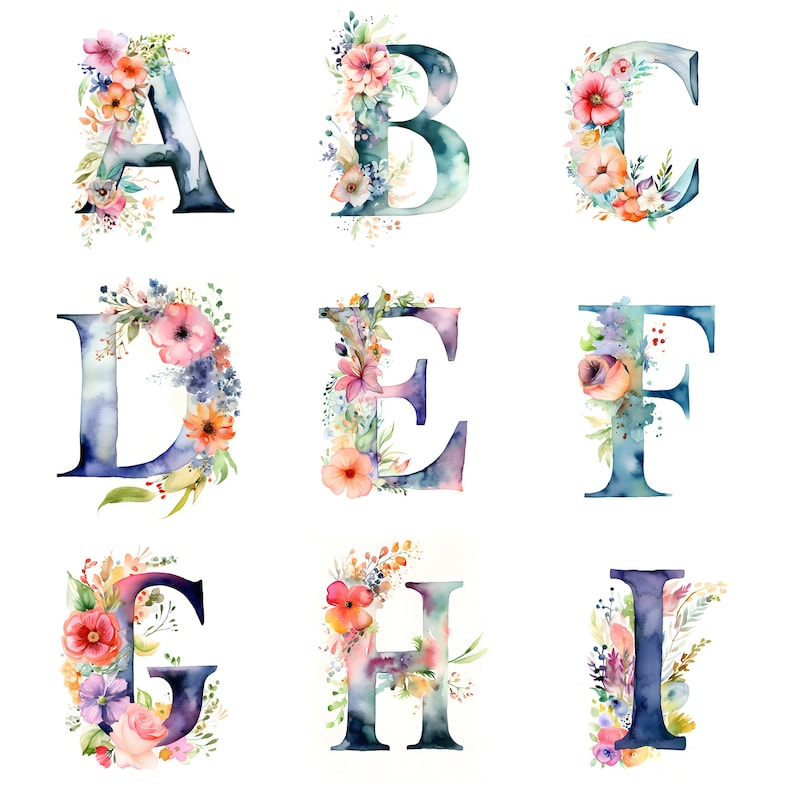 Digital Print, Instant Download, JPG, Watercolor Floral Whole Alphabet ...