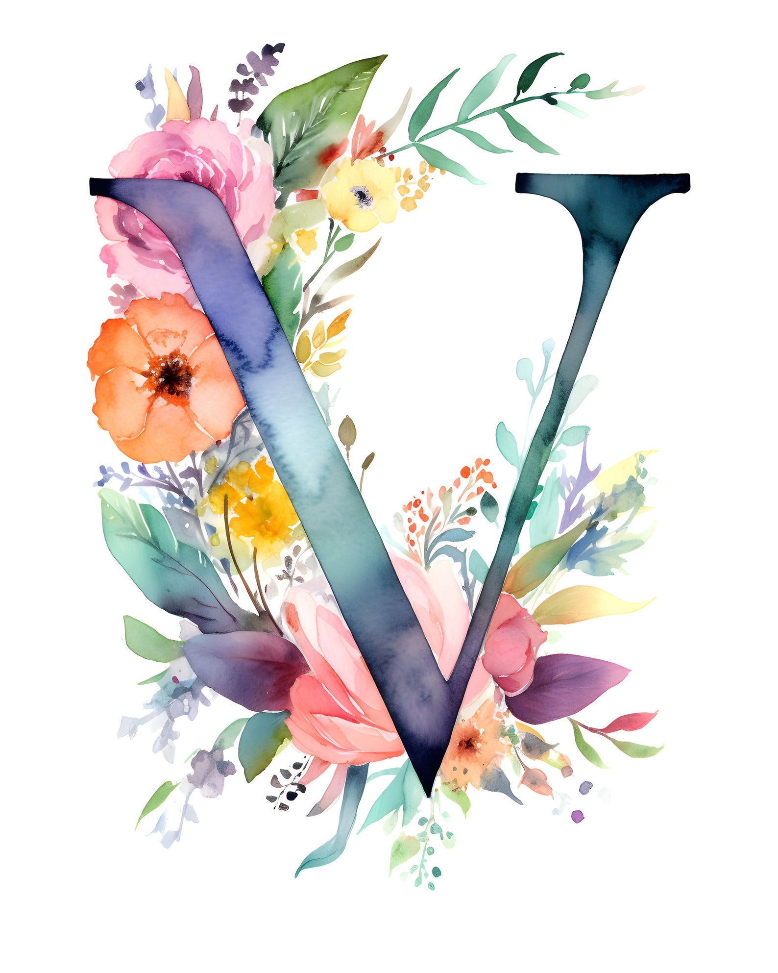 Digital Print, Instant Download, JPG, Watercolor Floral Capital Letter ...