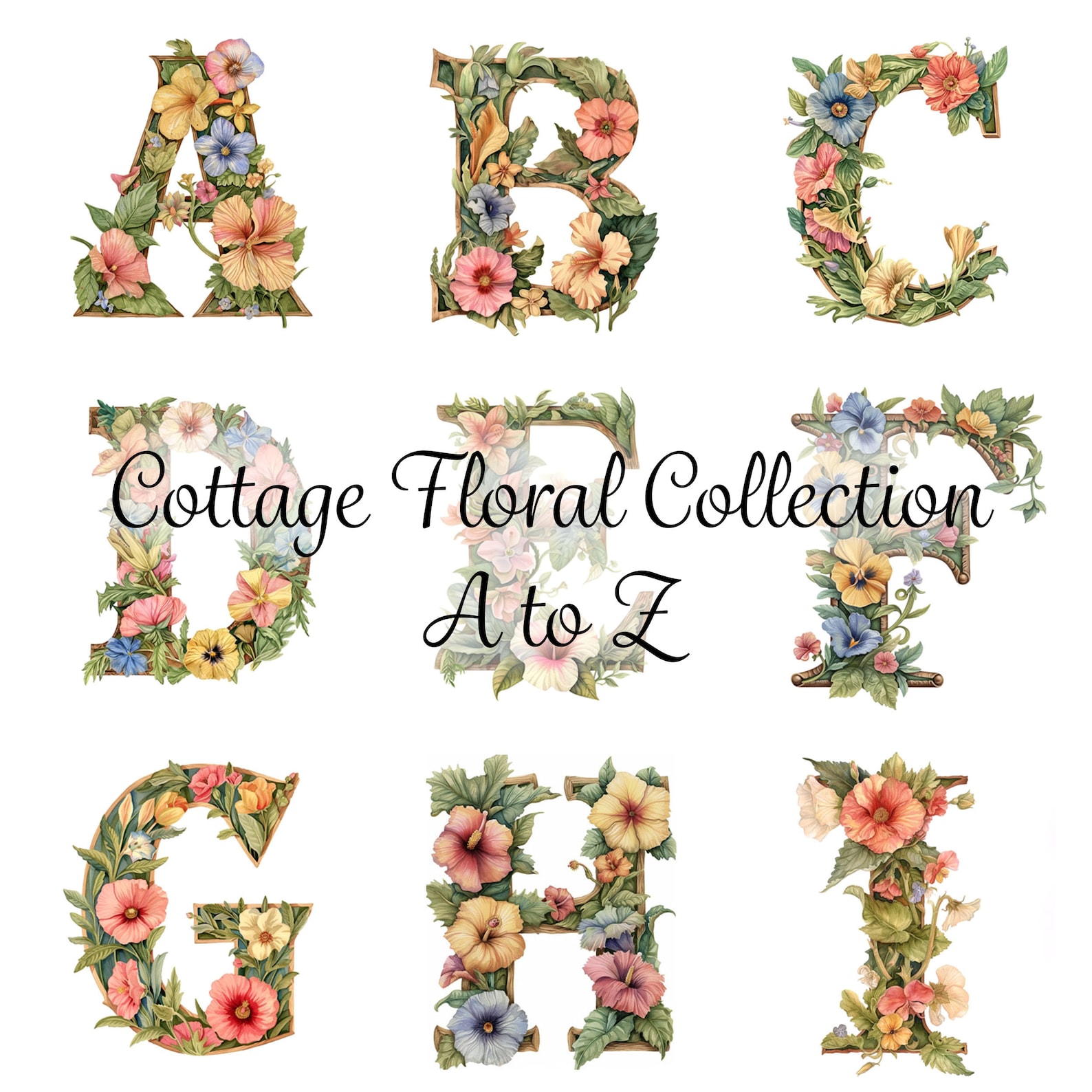 Capital Letters A to Z, Whole Alphabet, Cottage-core Floral Style ...