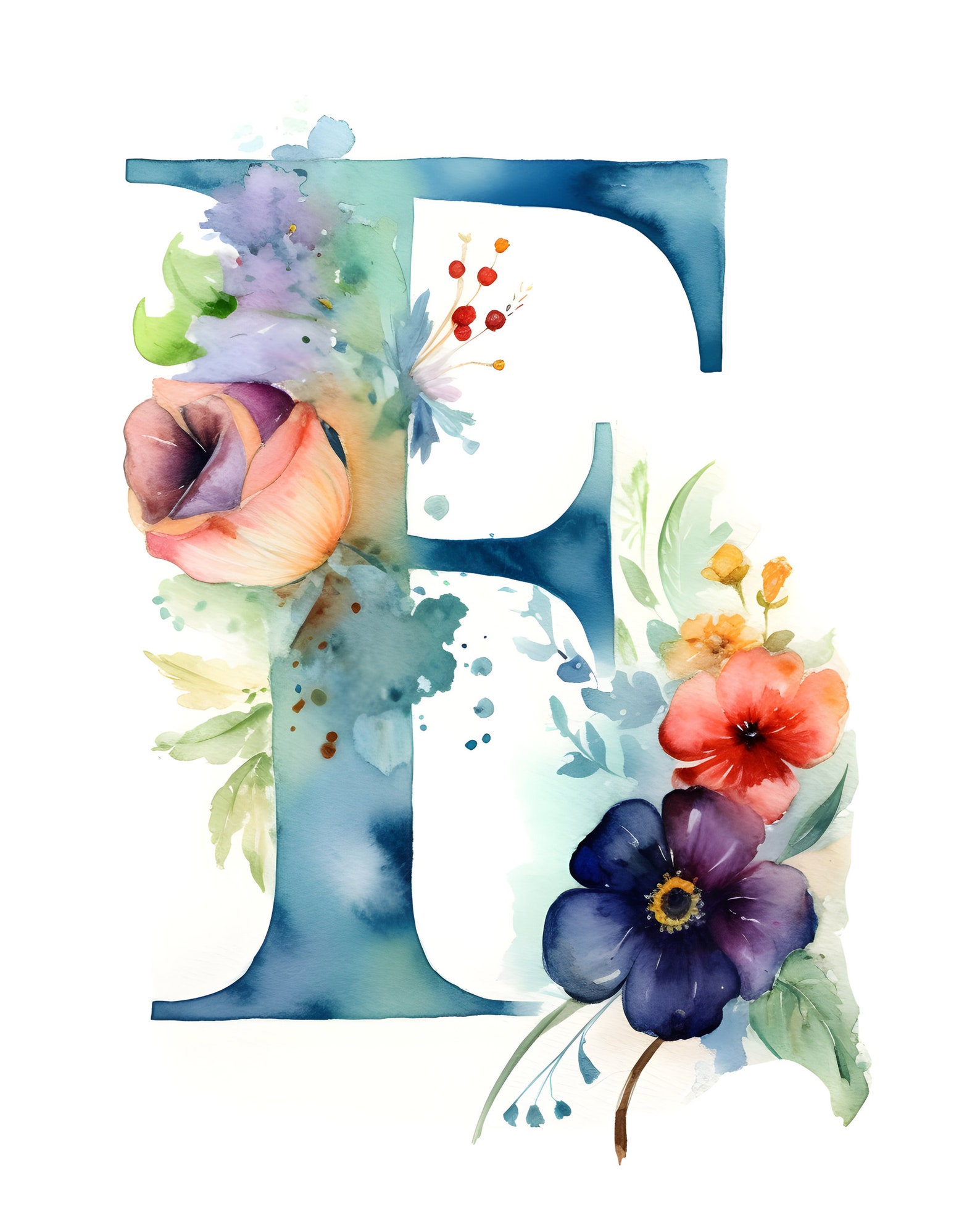 Digital Print, Instant Download, JPG, Watercolor Floral Capital Letter ...