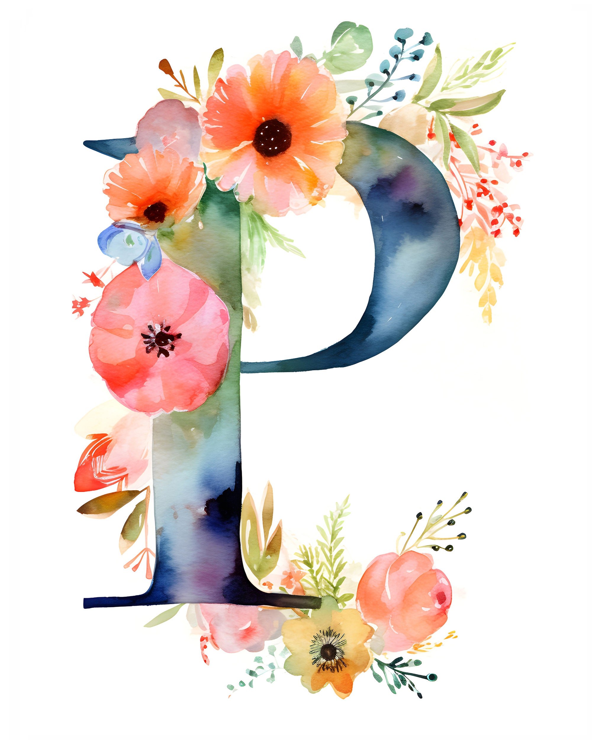 Digital Print, Instant Download, JPG, Watercolor Floral Capital Letter ...