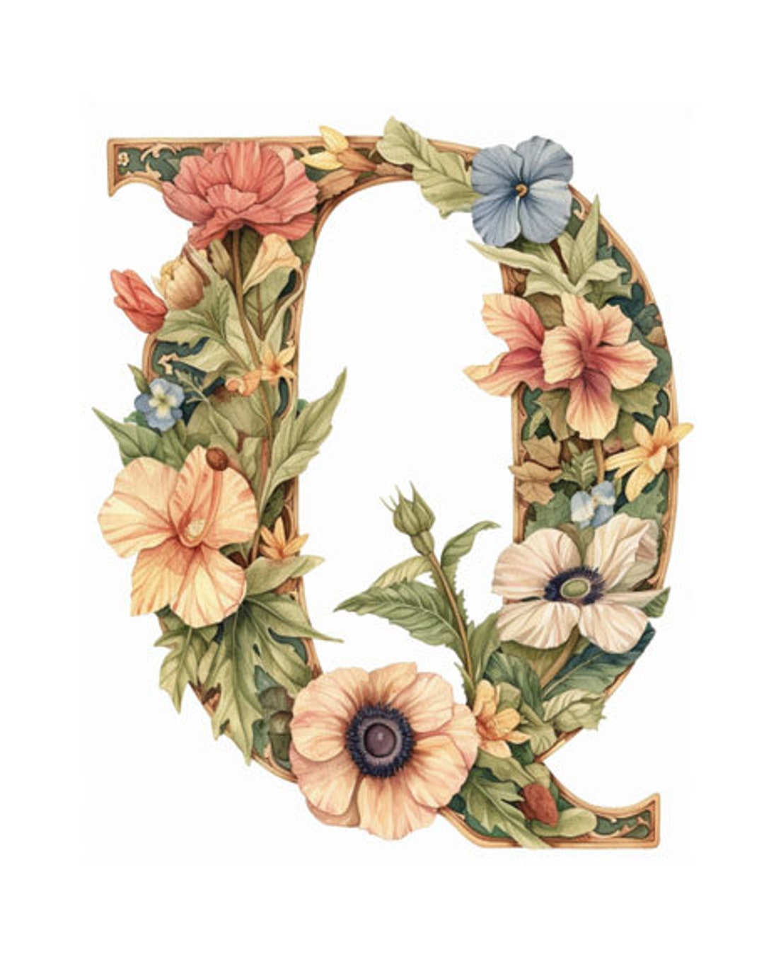 Capital Letter Q, Cottage-core Floral Style Letter, Floral Alphabet ...