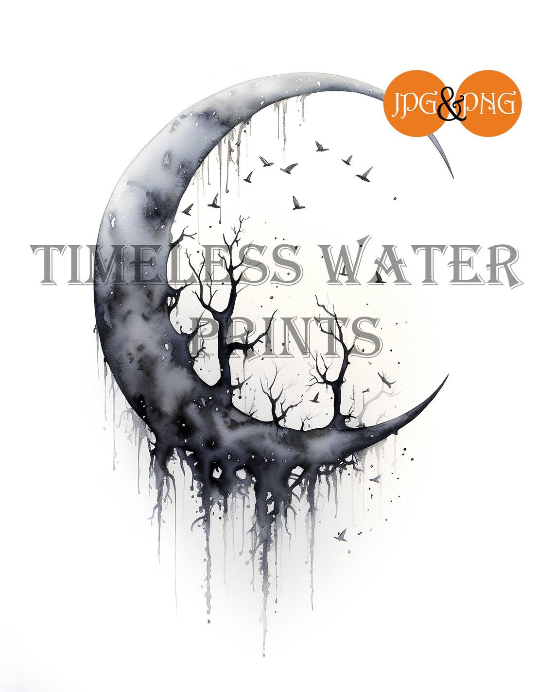 Haunted Eerie Crescent Moon, Watercolor Moon, Digital Print, Instant ...