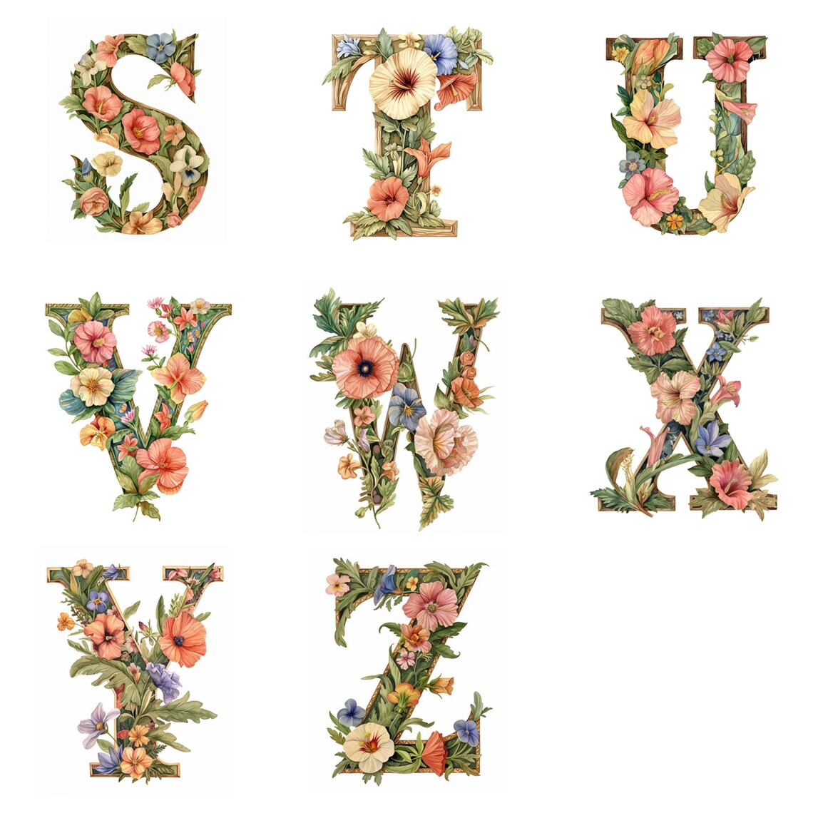 Capital Letters A to Z, Whole Alphabet, Cottage-core Floral Style ...