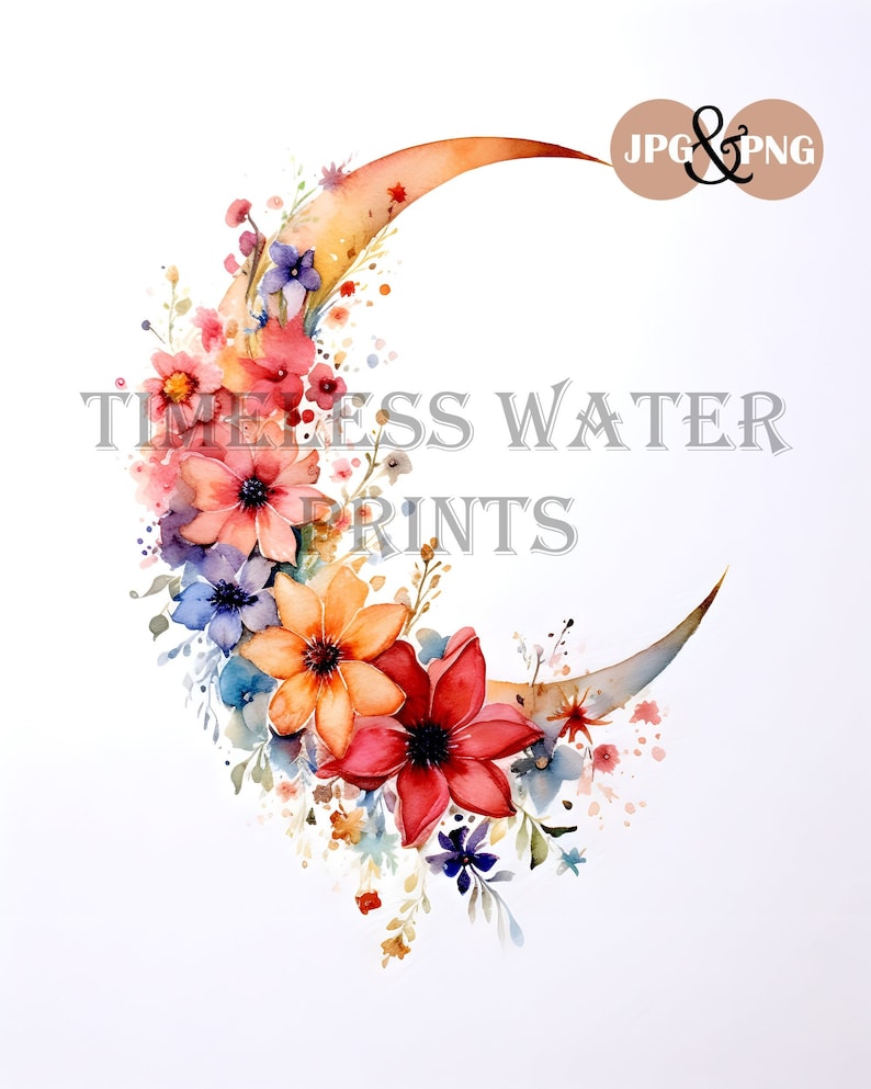 Floral Crescent Moon, Digital Print, Instant Download, PNG, JPG ...