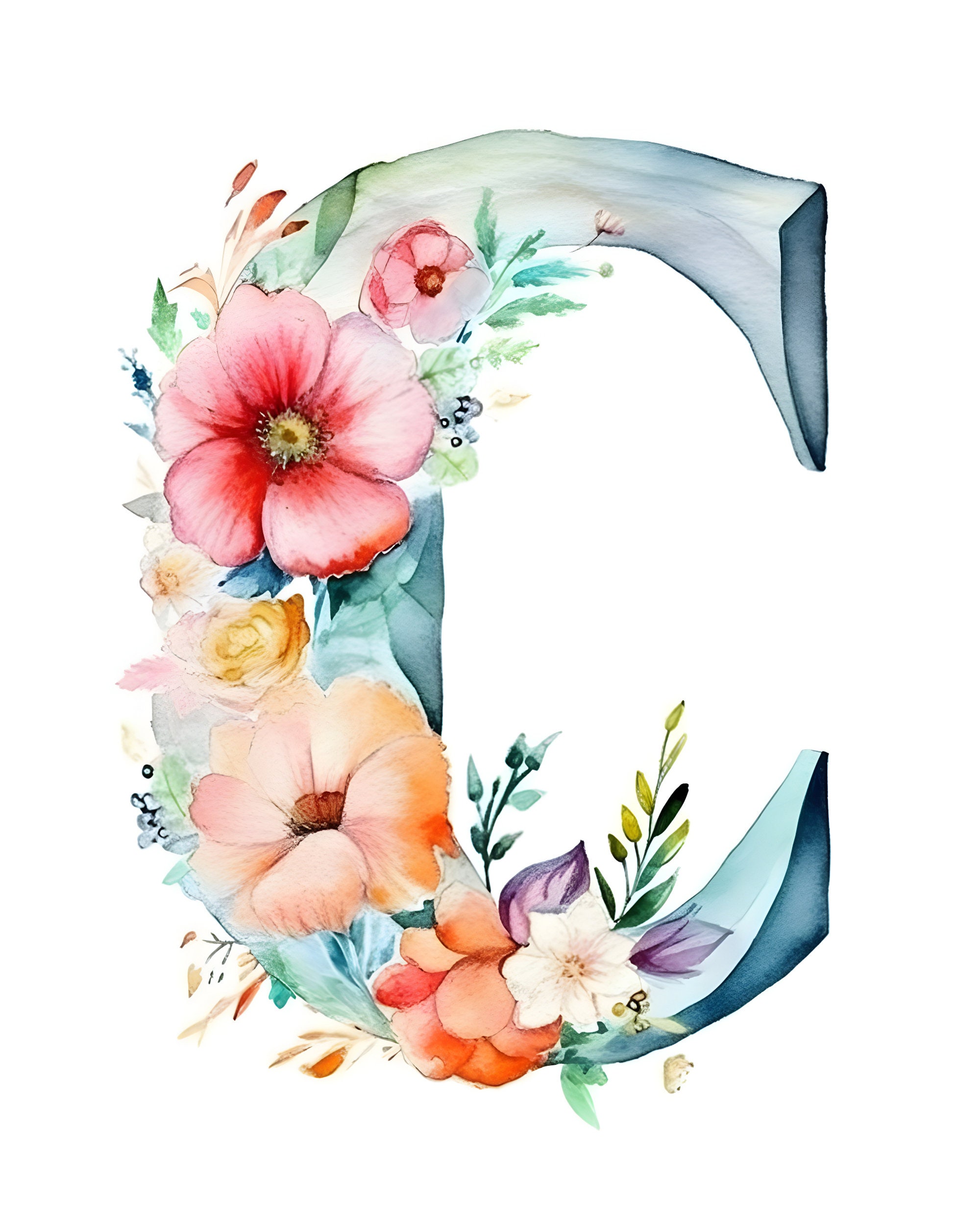 Digital Print, Instant Download, JPG, Watercolor Floral Capital Letter ...