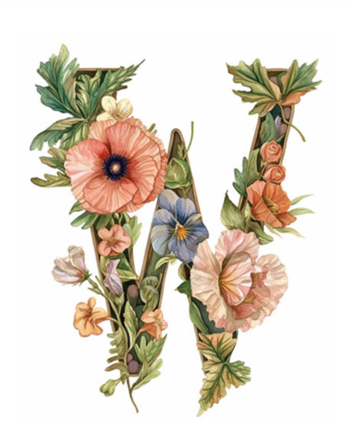 Capital Letter W, Cottage-core Floral Style Letter, Floral Alphabet ...