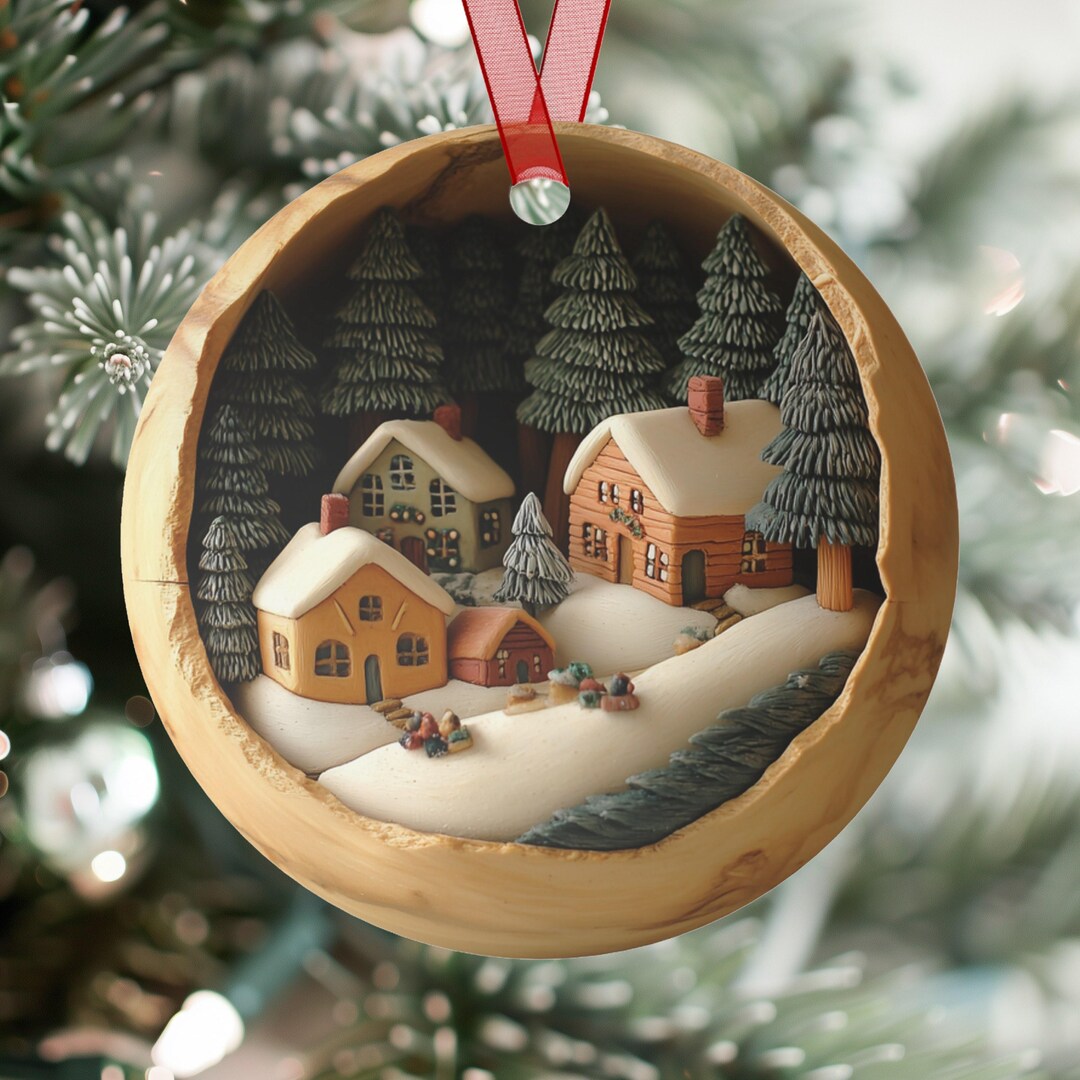 Optical Illusion Winter Village Metal Ornament, Customizable Christmas ...