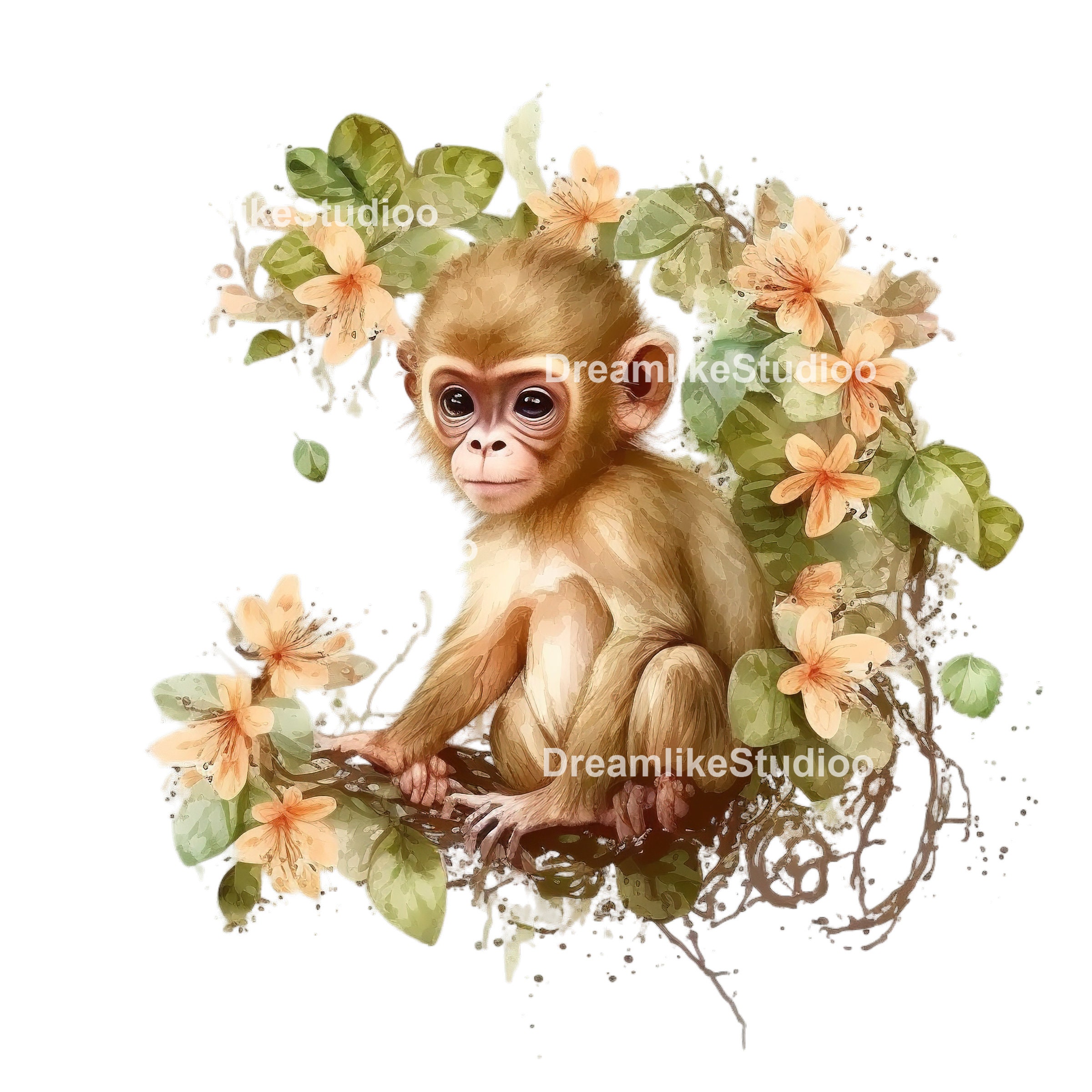 Watercolor Baby Monkey Clipart, Commercial Use Floral Monkey PNG ...