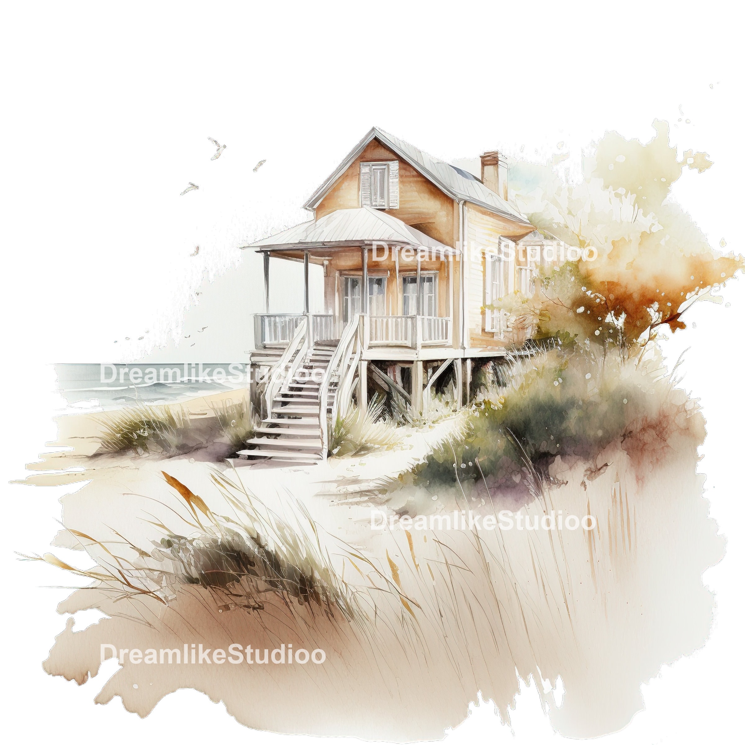 Watercolor Beach House Scenes, Commercial Use Clipart, Beach Clipart ...