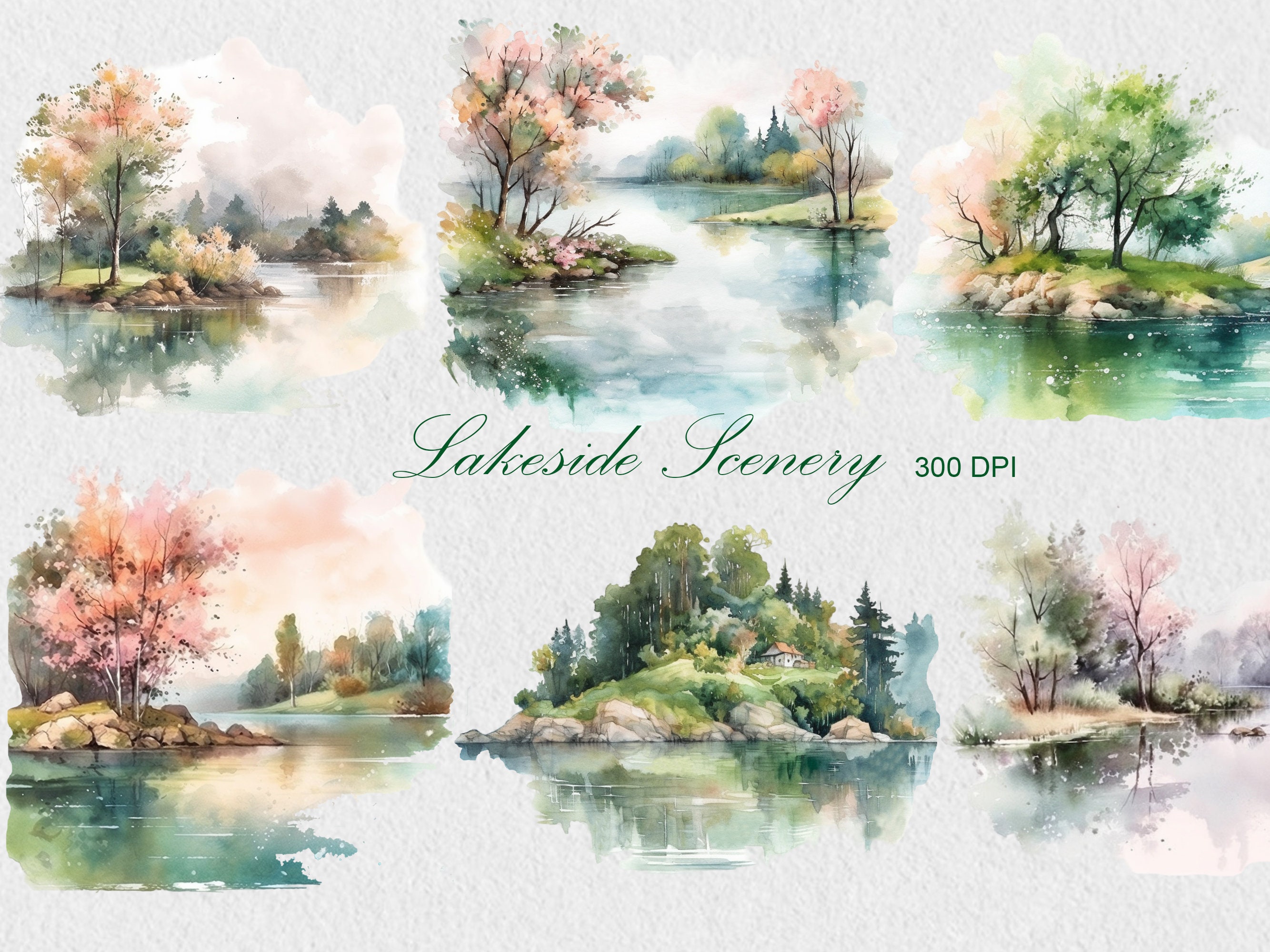 Watercolor Lakeside Scenery Clipart Summer Lake Landscape - Etsy