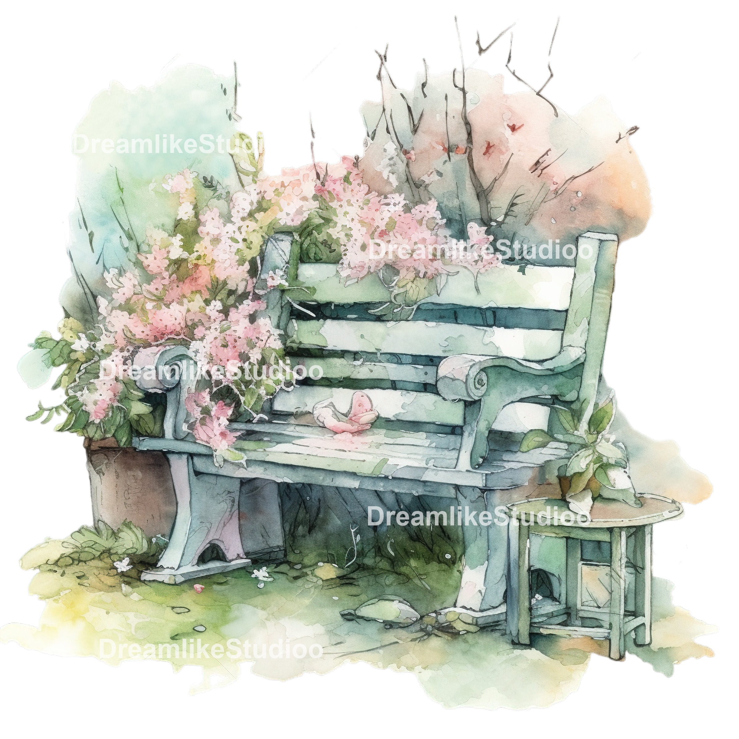 Watercolor Garden Benches Clipart, Commercial Use PNG, Park Clipart ...