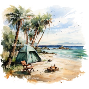 Watercolor Beach Camping Clipart, Commercial Use Beach Scene Clipart ...