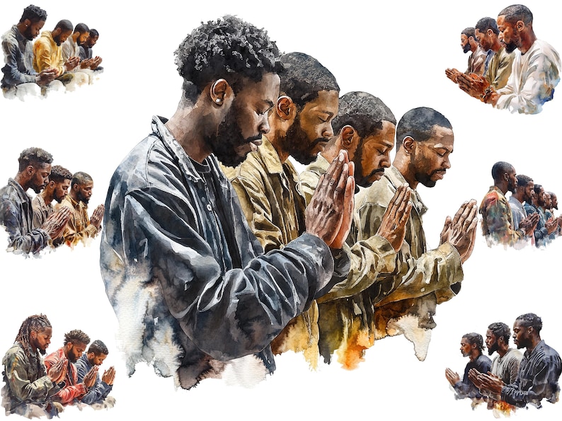 Group Praying Men Clipart, Commercial Use Watercolor Black Men Group ...