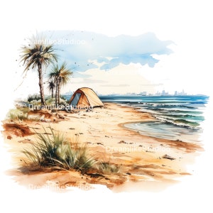 Watercolor Beach Camping Clipart, Commercial Use Beach Scene Clipart ...