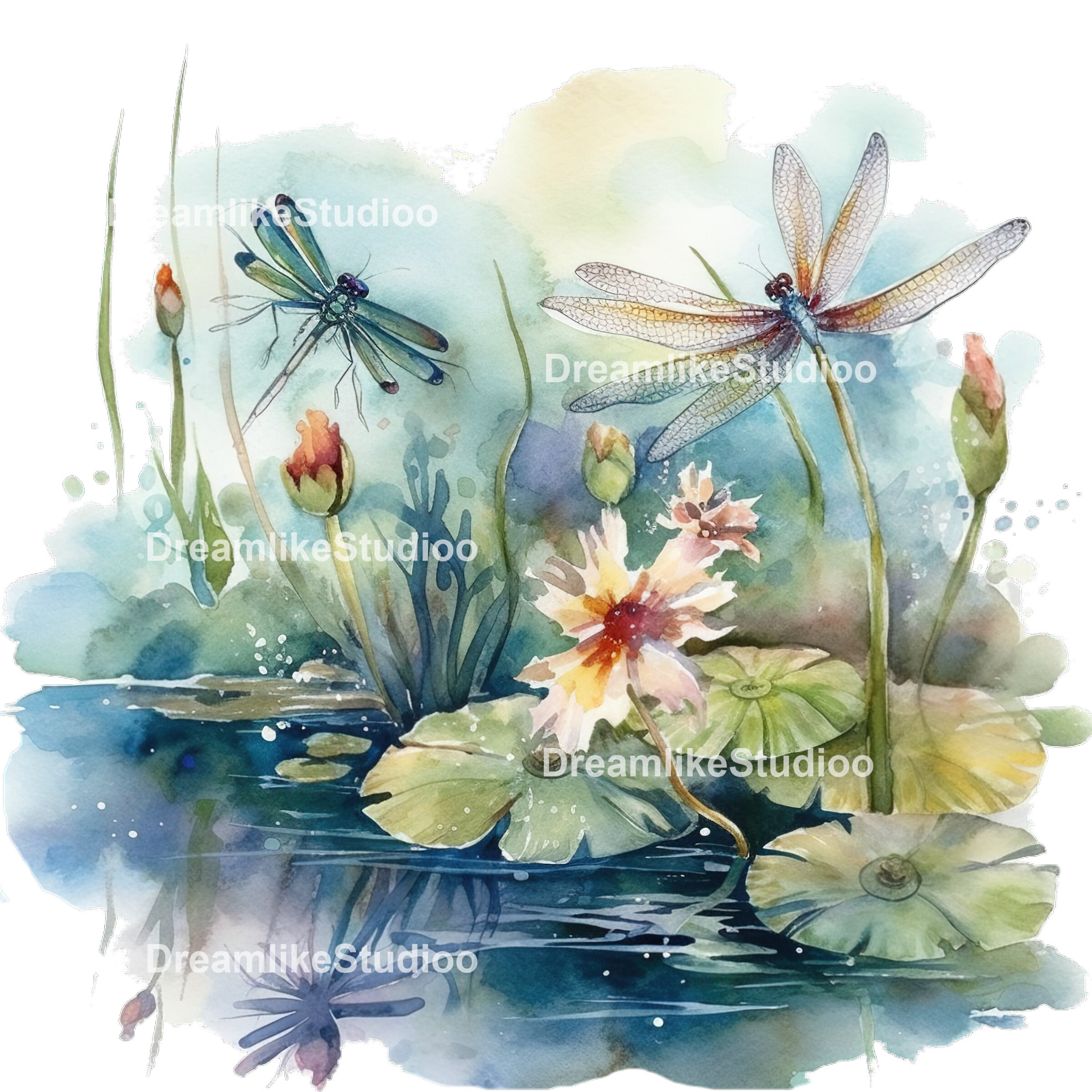 Watercolor Dragonfly Clipart, Commercial Use Clipart, Dragonflies Scene ...