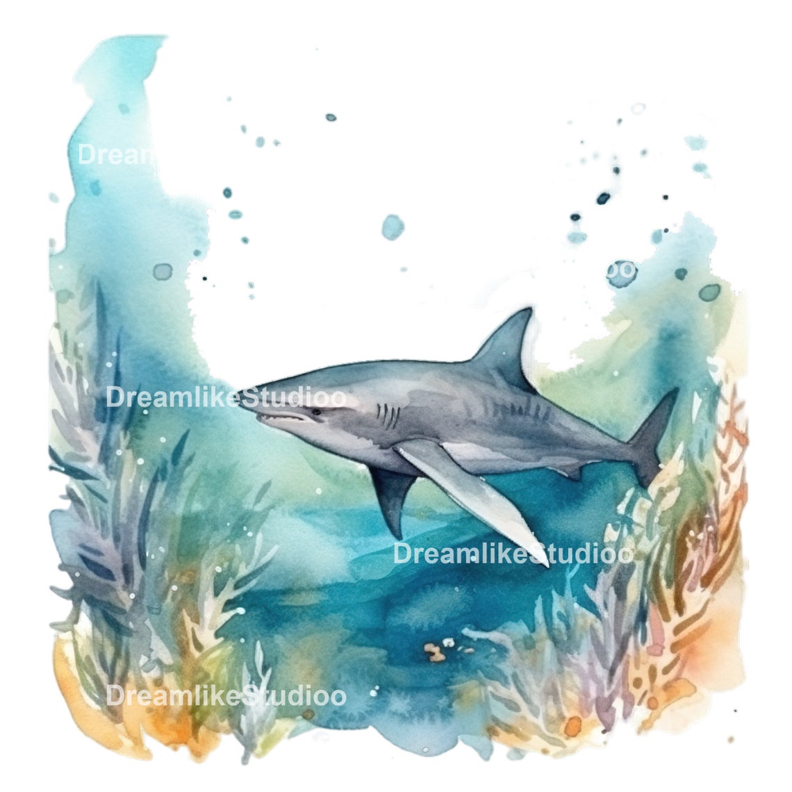 Watercolor Shark Clipart, Commercial Use Underwater Clipart, Cute Shark ...