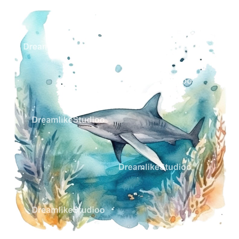 Watercolor Shark Clipart, Commercial Use Underwater Clipart, Cute Shark ...