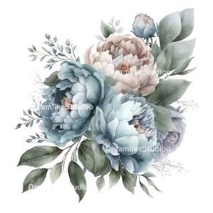 Watercolor Peony Clipart, Commercial Use Clipart, Blue Flower Clipart ...
