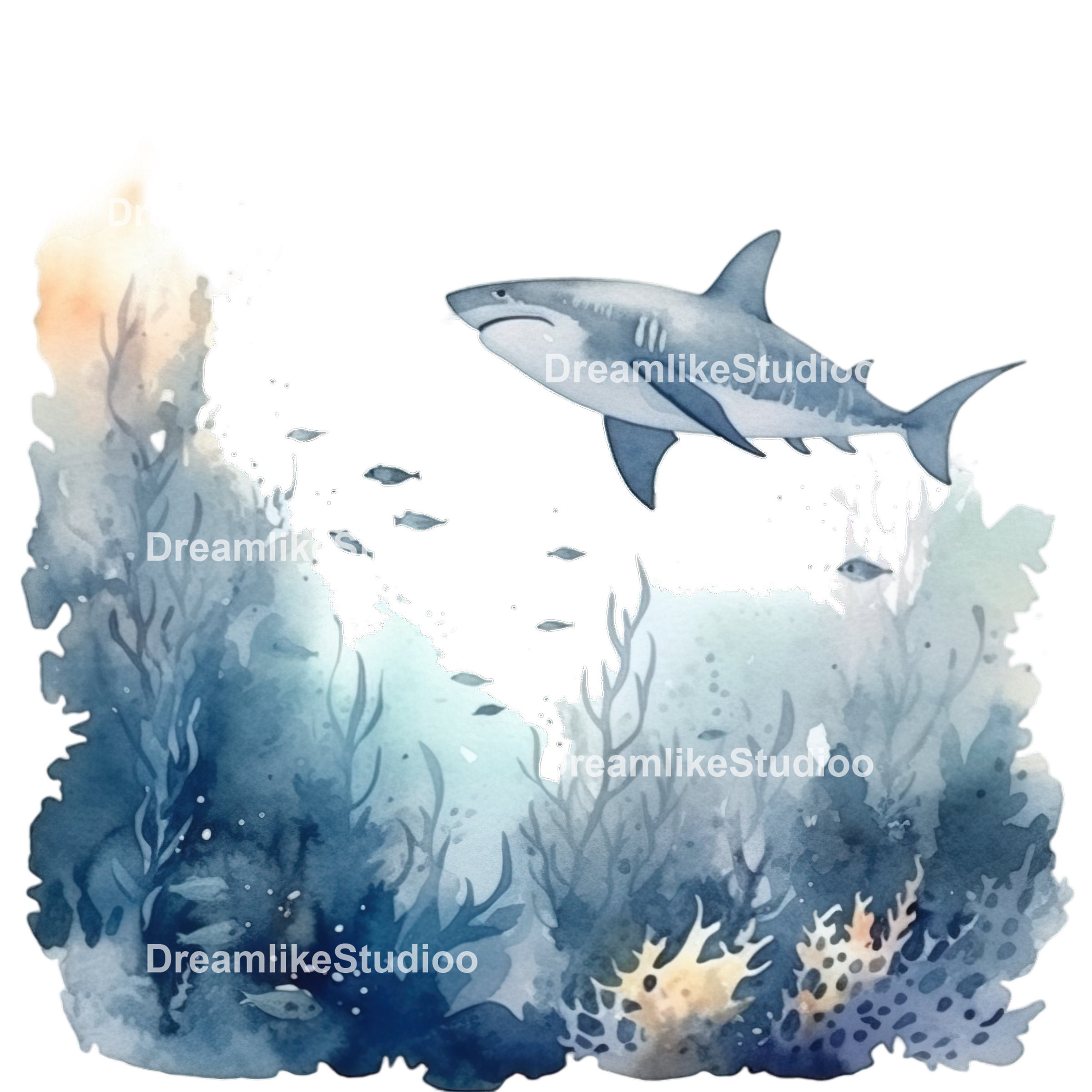 Watercolor Shark Clipart, Commercial Use Underwater Clipart, Cute Shark ...