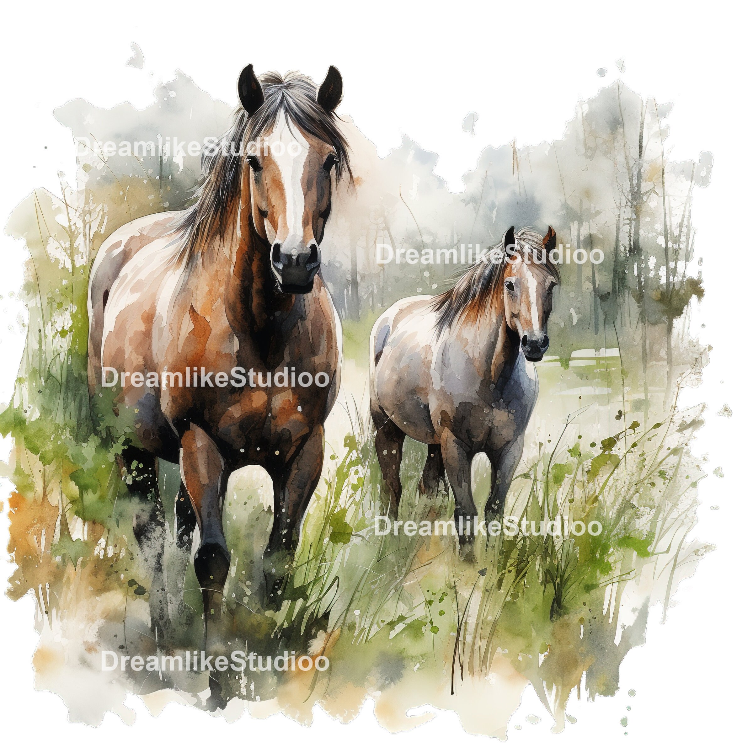 Watercolor Horse Clipart, Wild Horses in the Forest Clipart Set ...