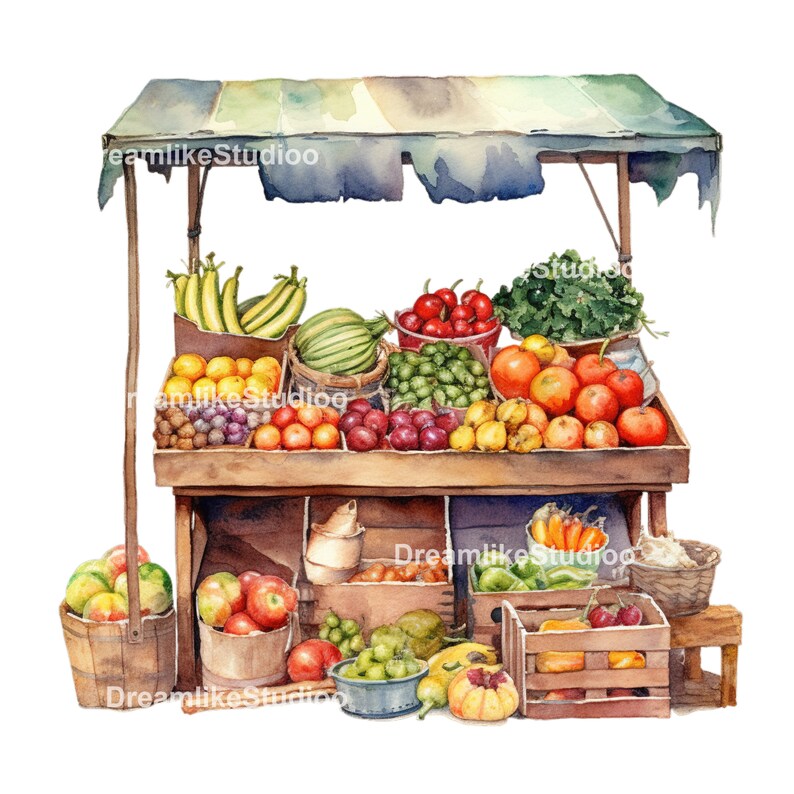 Watercolor Vegetable Stand Clipart, Fruits and Vegetables Commercial ...