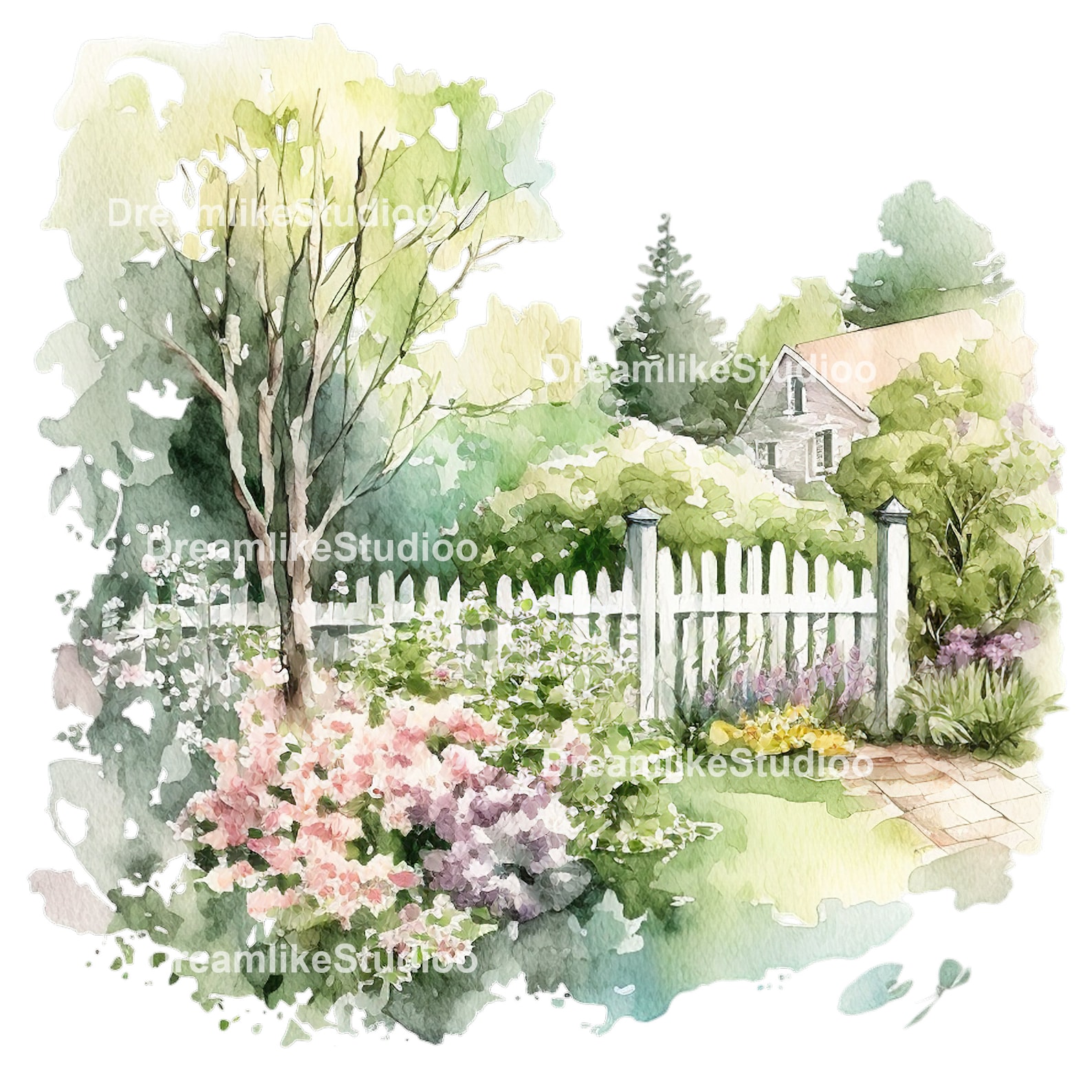 Watercolor Backyard Garden Clipart, Spring Garden PNG, Commercial Use ...