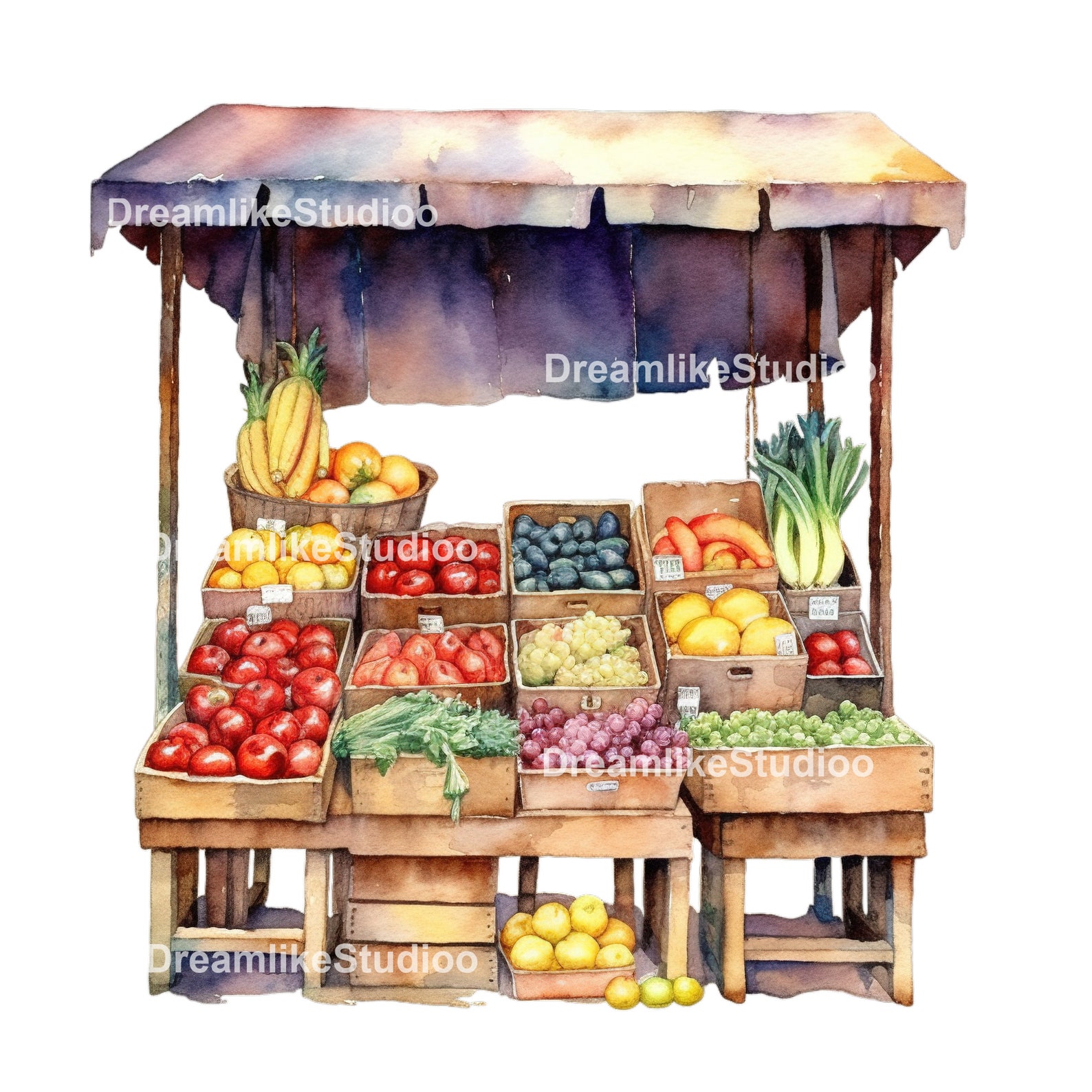 Watercolor Vegetable Stand Clipart, Fruits and Vegetables Commercial ...