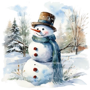 Watercolor Snowman Clipart, Commercial Use Winter Landscape Scene ...