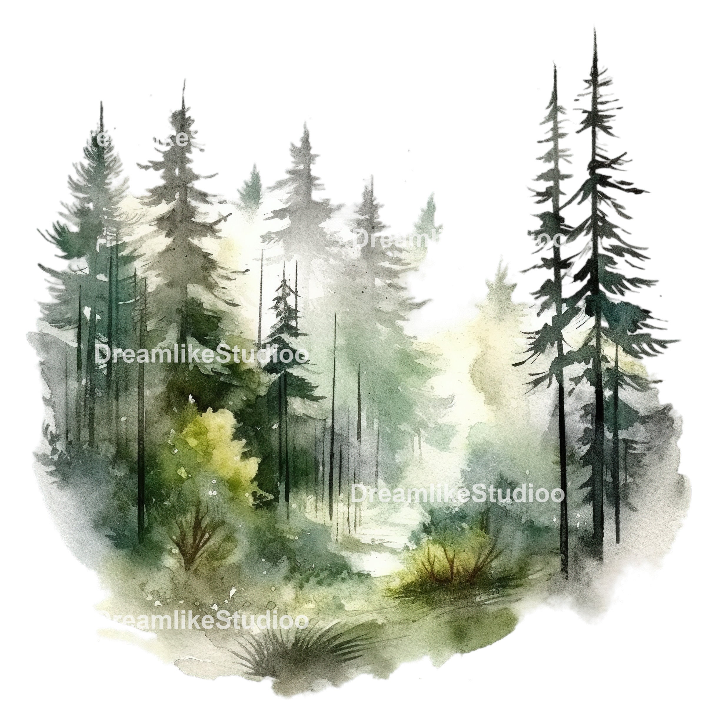 Watercolor Forest Clipart, Commercial Use Foggy Forest PNG, Coniferous ...