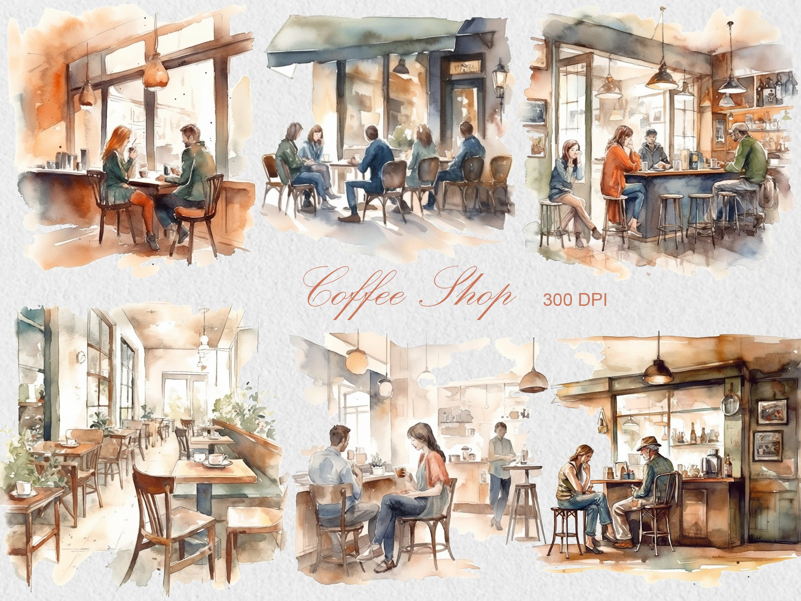 Watercolor Cafe Clipart, Commercial Use Coffee Shop Clipart PNG, Coffee ...