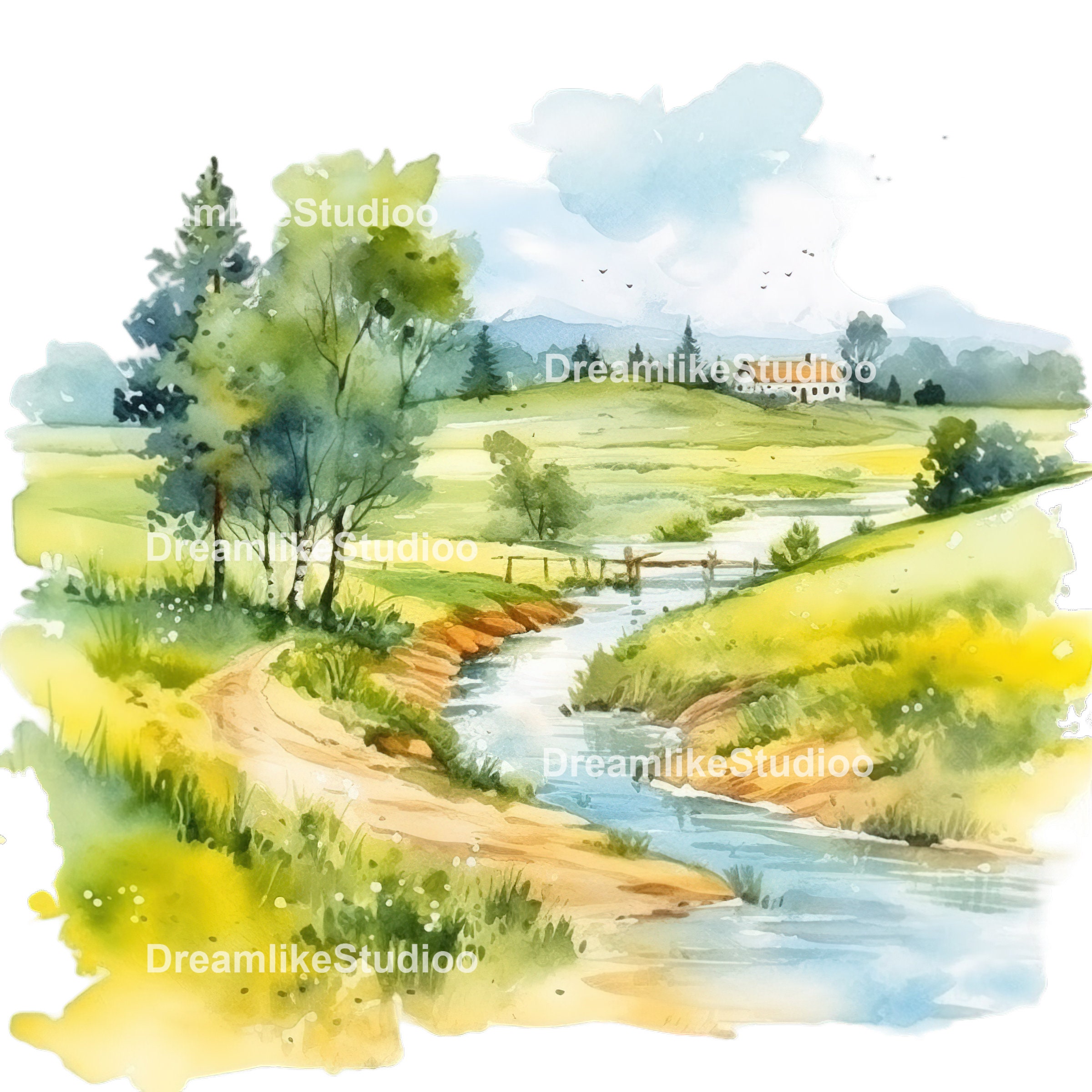 Summer Scenery Clipart, Commercial Use Watercolor Landscape Clipart ...