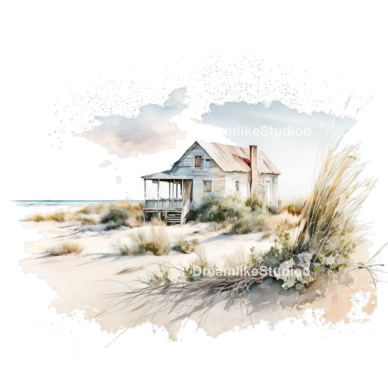 Watercolor Beach House Scenes, Commercial Use Clipart, Beach Clipart ...