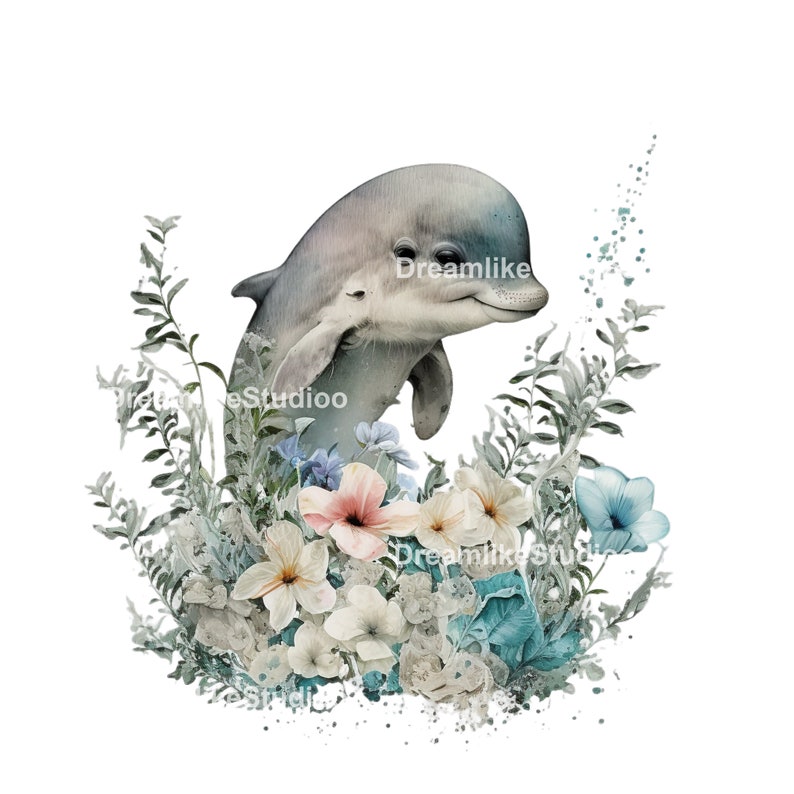 Floral Dolphin Clipart, Commercial Use Watercolor Dolphin PNG Digital ...