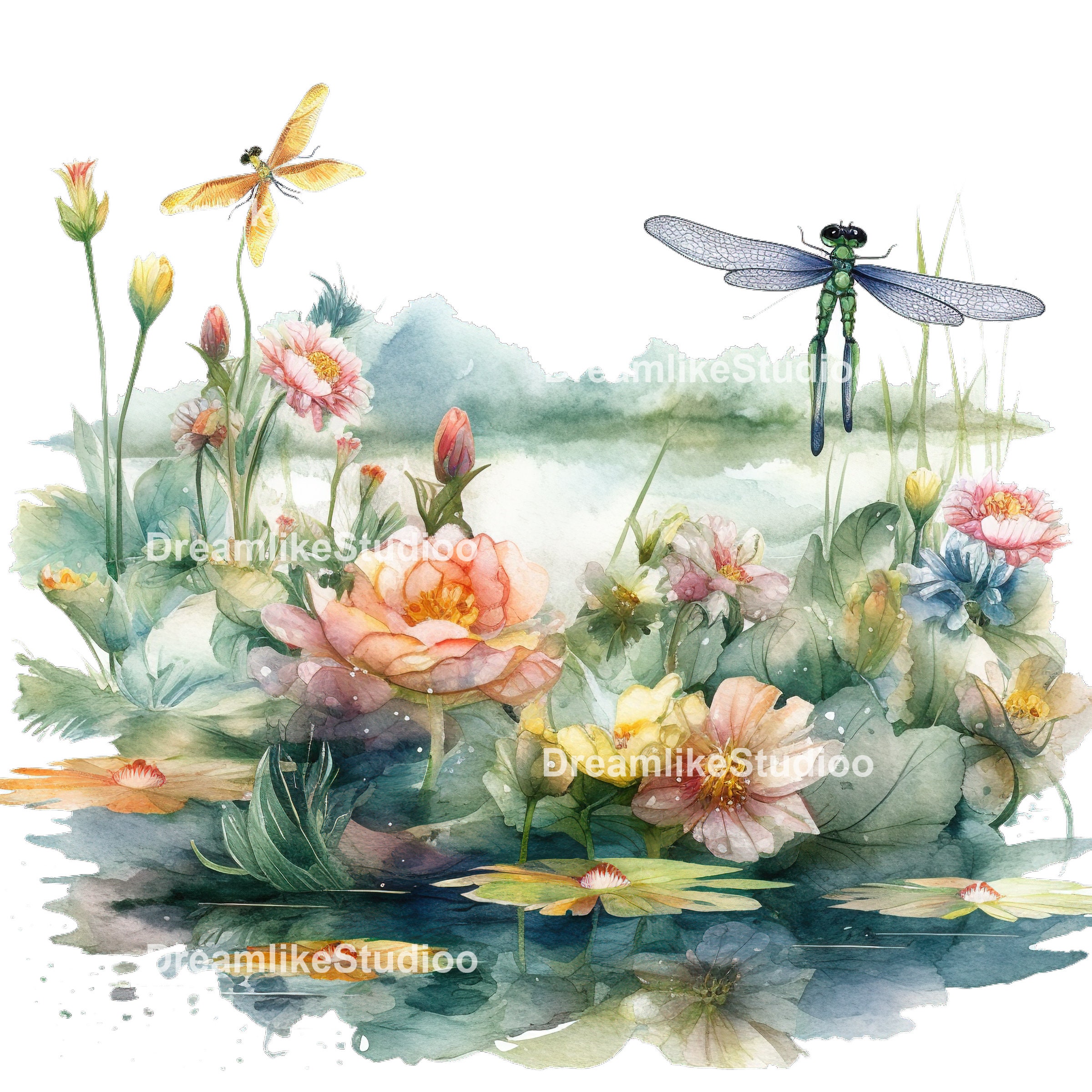 Watercolor Dragonfly Clipart, Commercial Use Clipart, Dragonflies Scene ...