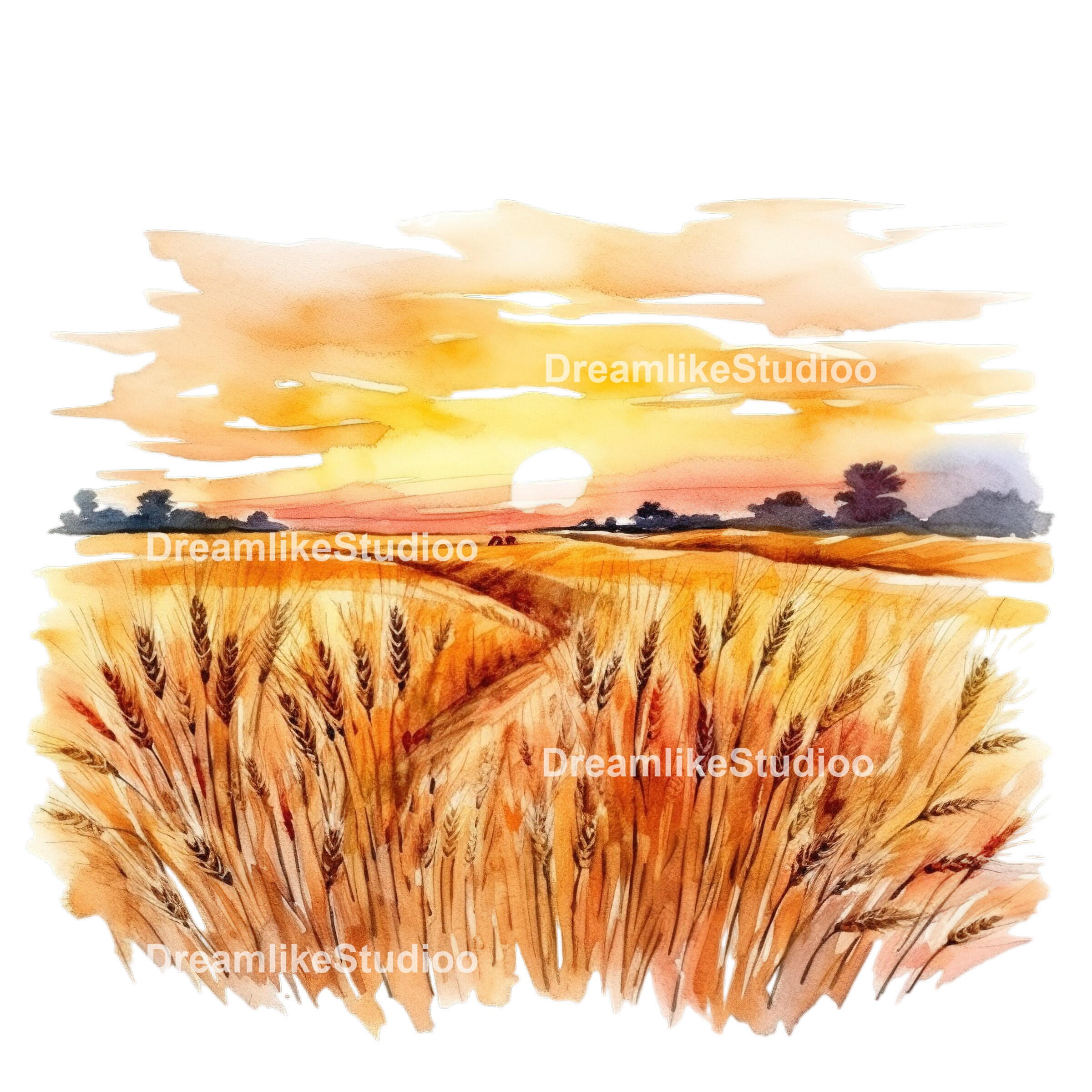 Watercolor Wheat Field Clipart Commercial Use Sunset Clipart - Etsy