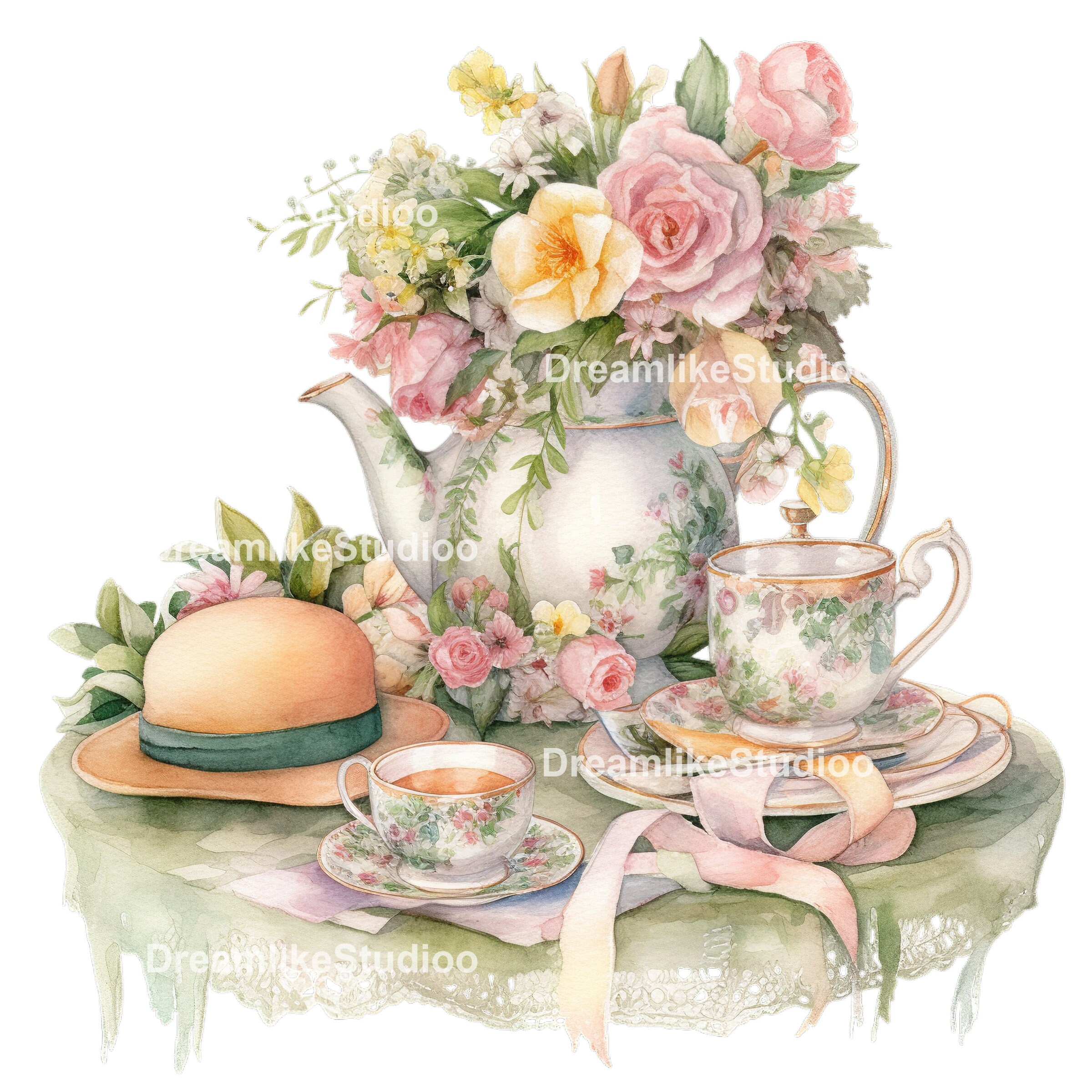 Watercolor Garden Tea Party Scenes, PNG, Commercial Clipart, Tea Time ...