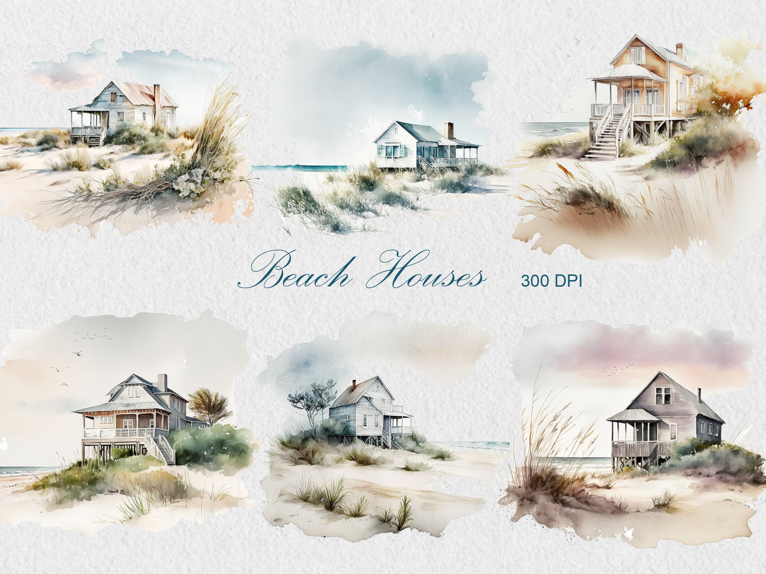Watercolor Beach House Scenes, Commercial Use Clipart, Beach Clipart ...