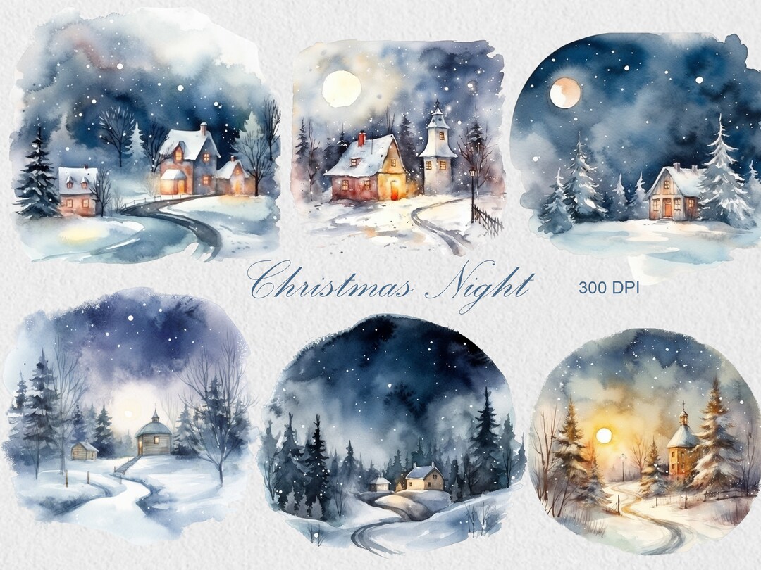 Watercolor Xmas Night Clipart, Commercial Use Winter Night Landscape ...