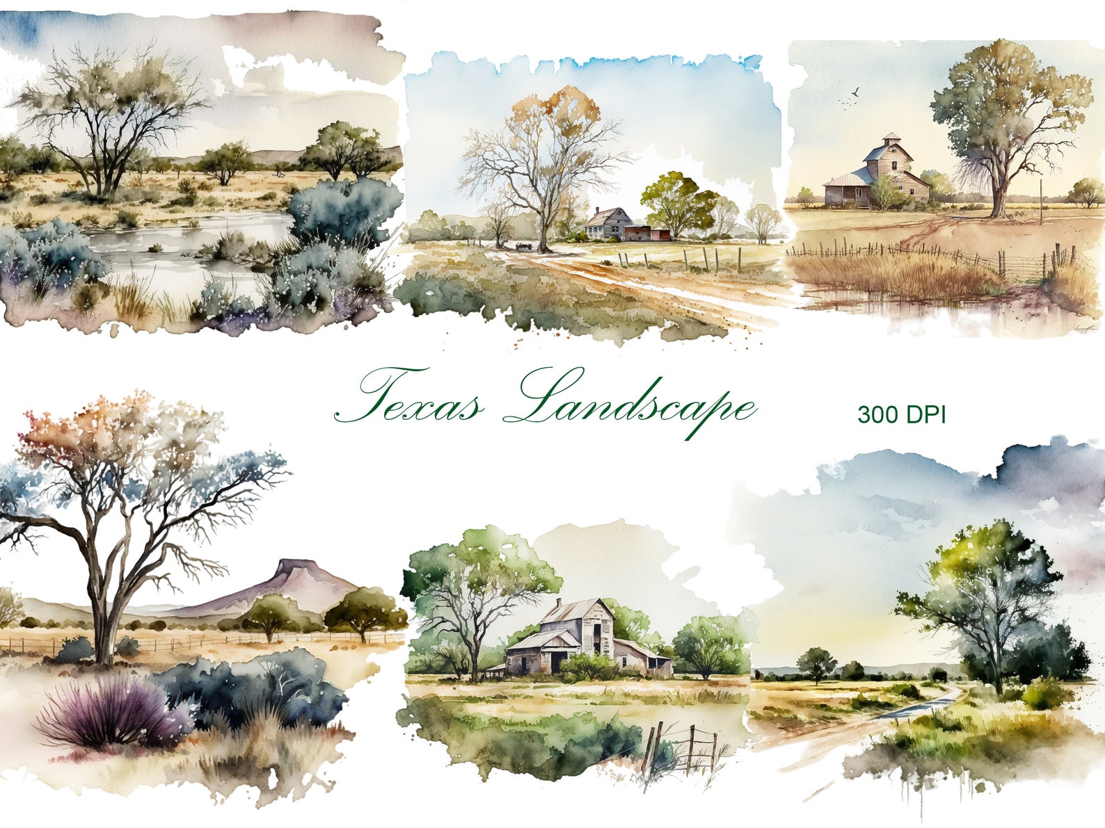 Watercolor Texas Landscape Clipart, Commercial Use PNG - Etsy