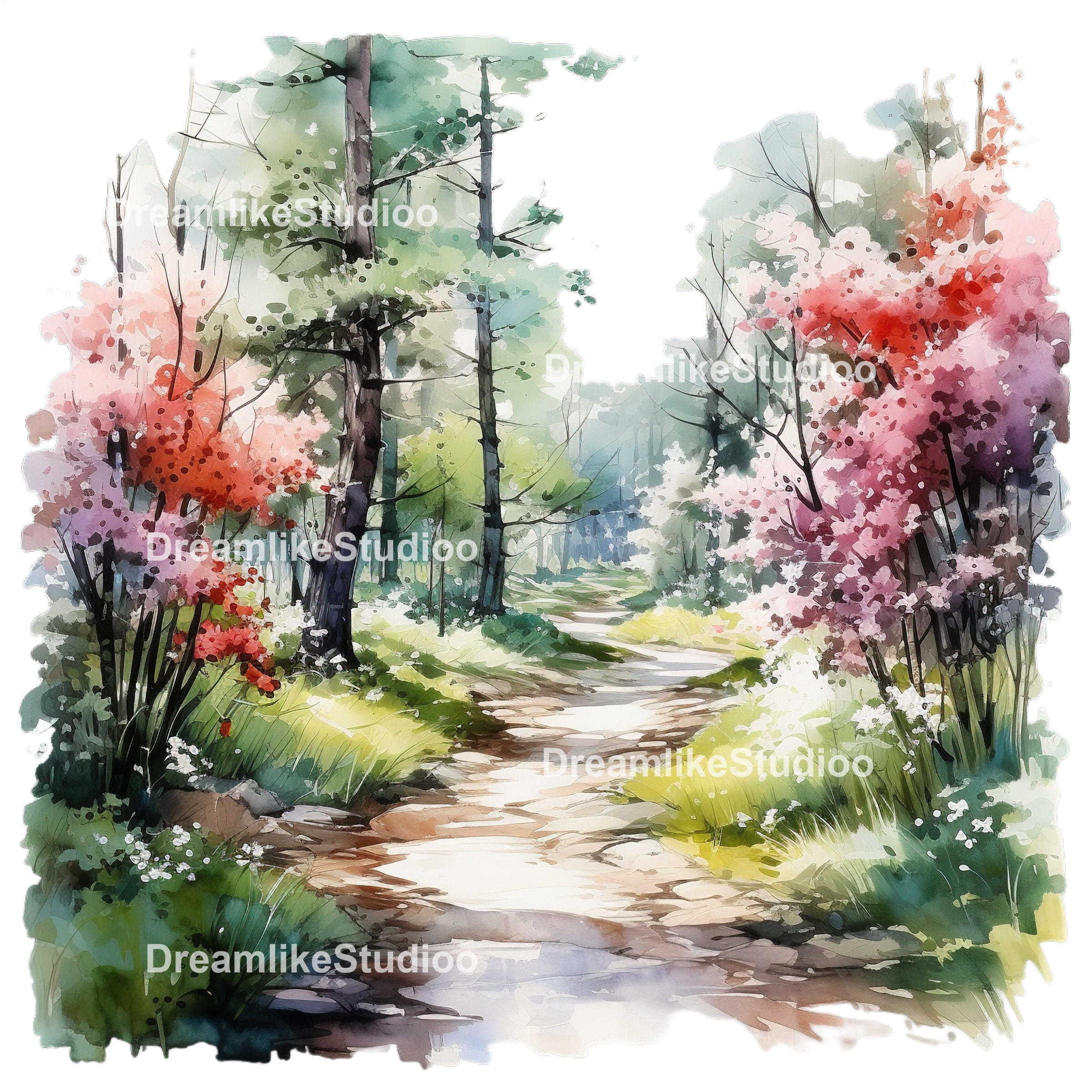 Watercolor Forest Path Clipart, Commercial Use Flowers Path in the ...