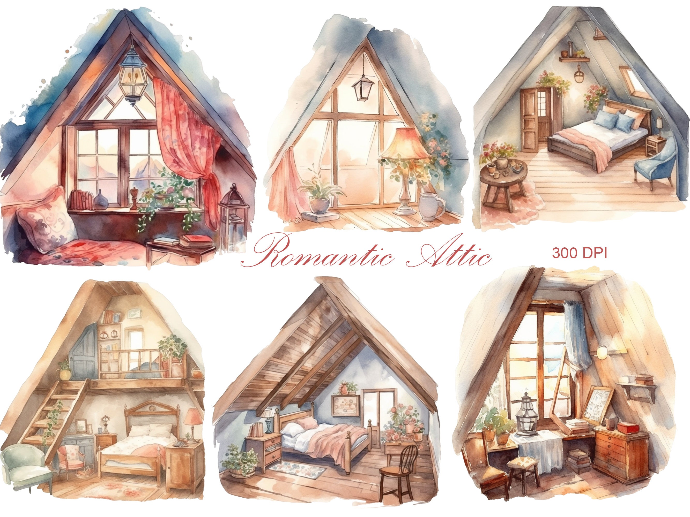 Watercolor Romantic Attic Clipart, Commercial Use PNG, Cottagecore ...